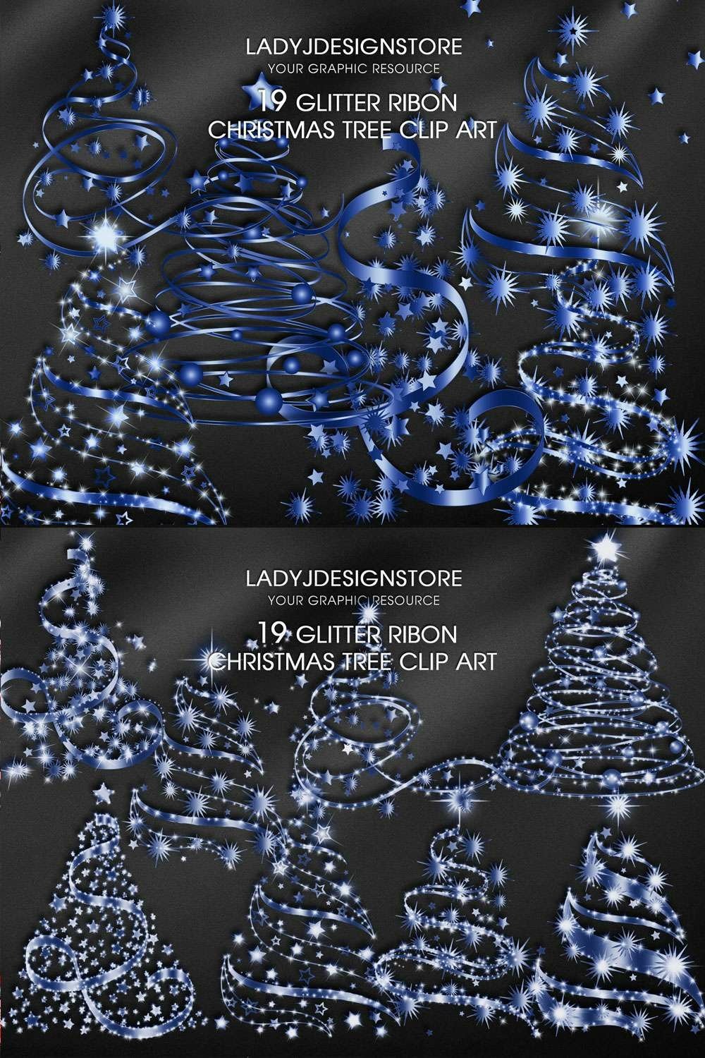 Blue Ribbon Sparkle Christmas Tree Clip Art in PNG format