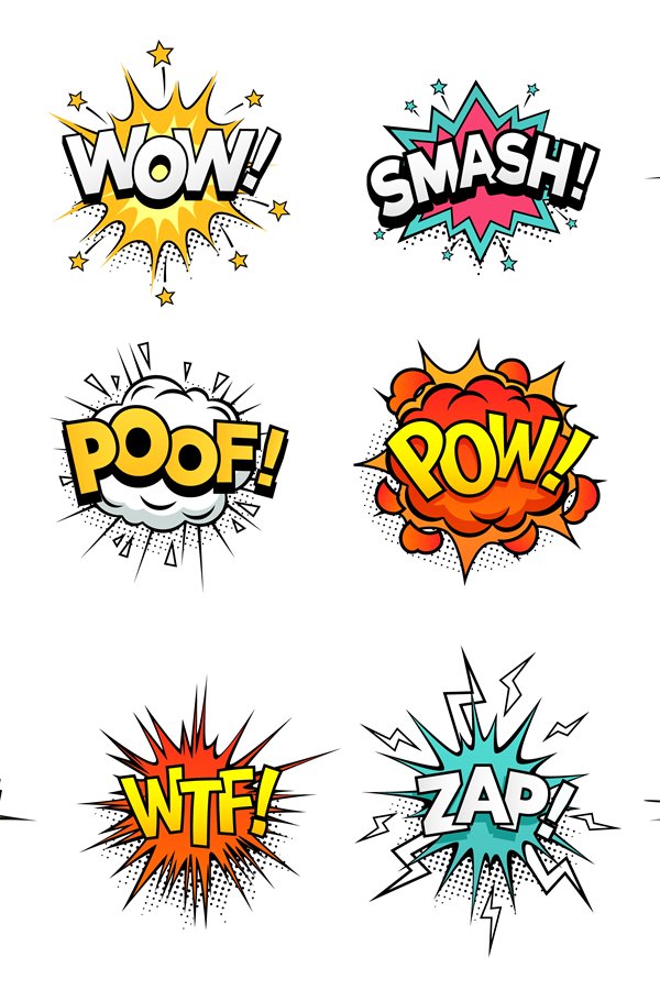 Cartoon comic sign burst clouds. Speech bubble, boom sign ex