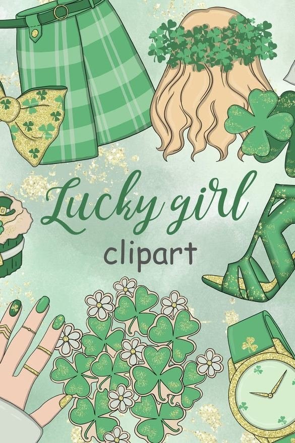 Saint Patrick's Day CLIPART Lucky Girl Green Gold Irish PNG