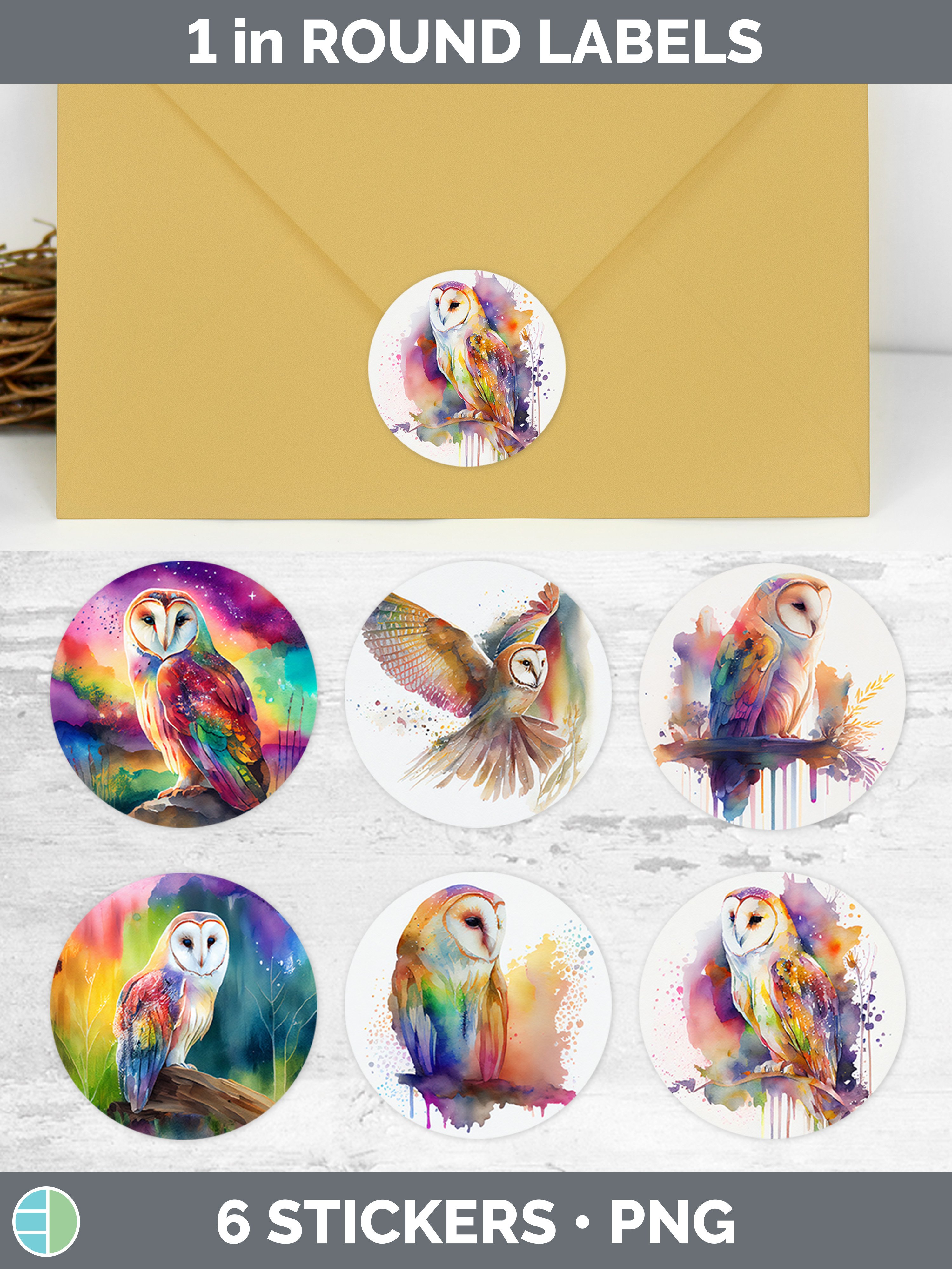 Rainbow Barn Owl Stickers | Round Labels Designs Bundle