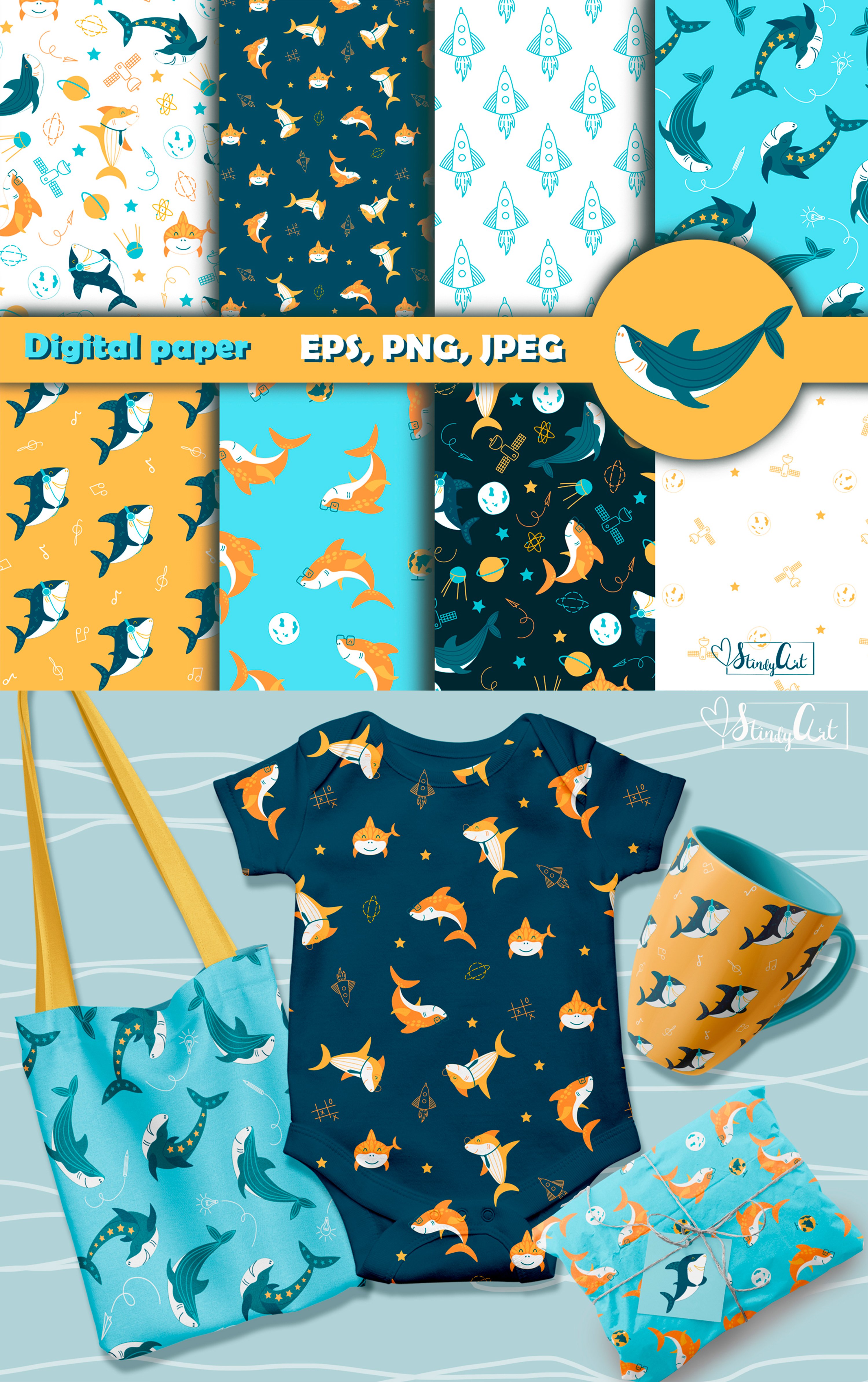 Baby Shark digital paper - 8 JPEGs/PNGs for children fabric