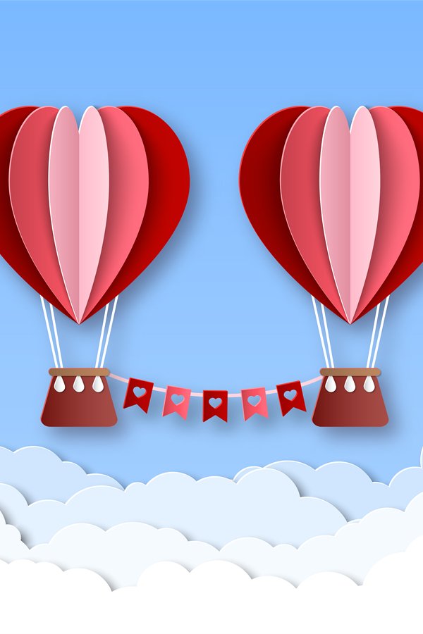 Hot air balloon in heart shape. Happy valentines day invitat