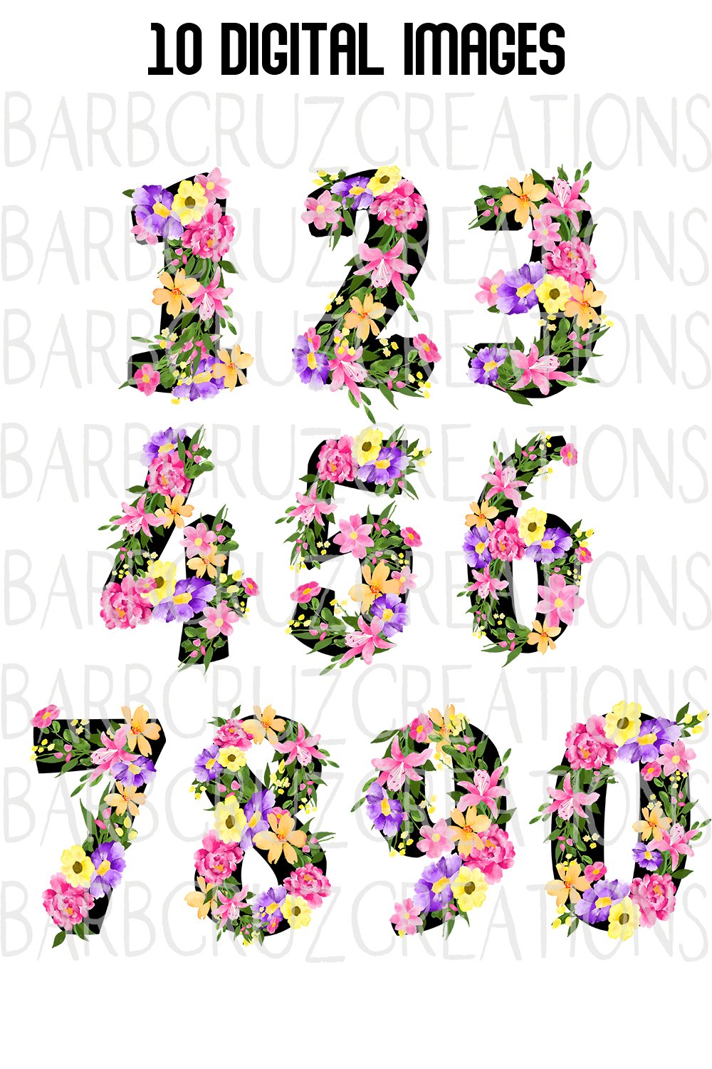 Flower Numbers, Watercolor Floral Numbers, Plants, Garden