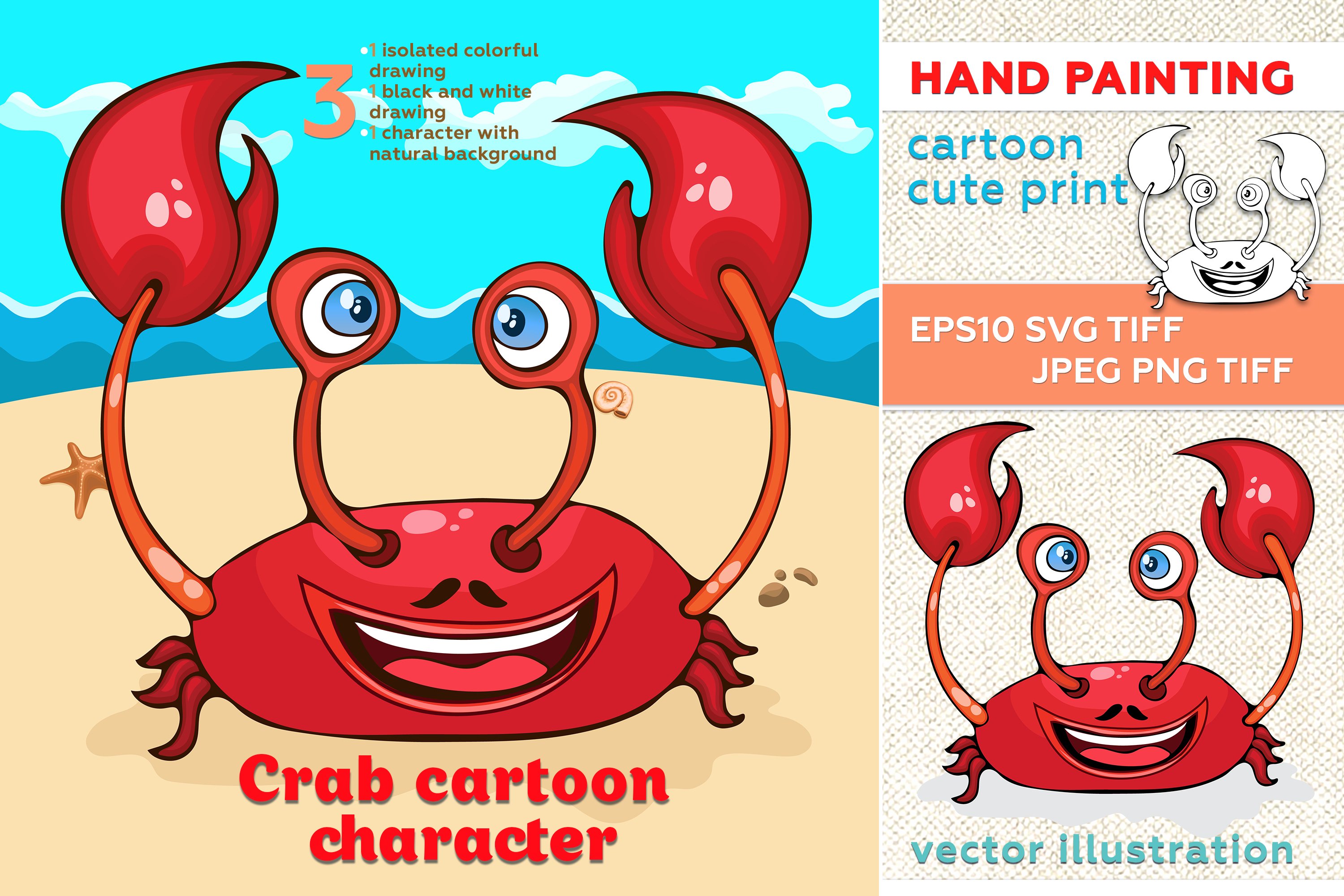 Crab funny cartoon character, vector illustration