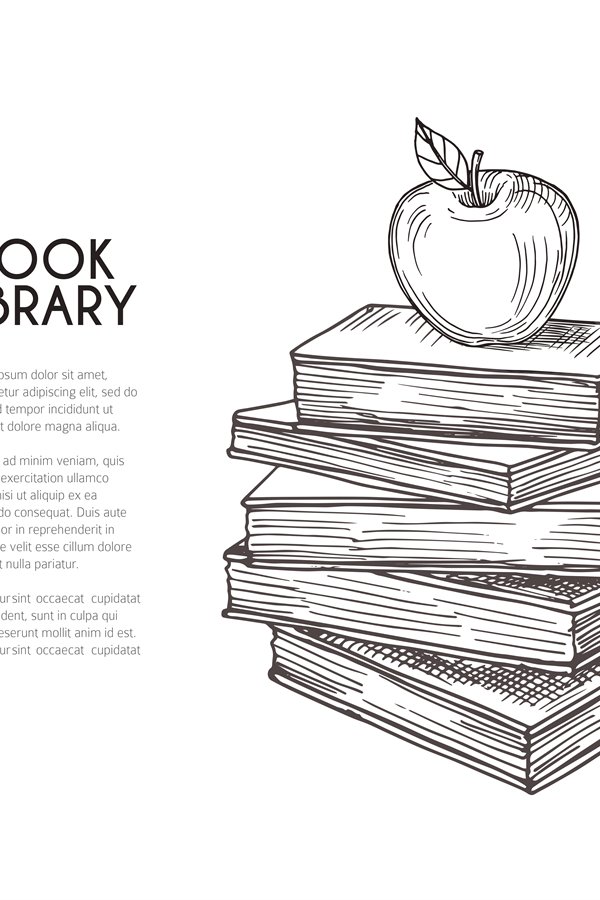 Library background. Hand drawing retro books and apple. Scho