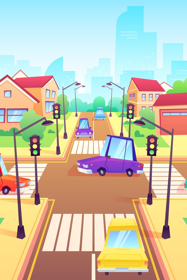 Crossroad with cars. City suburb traffic jam, street crosswa