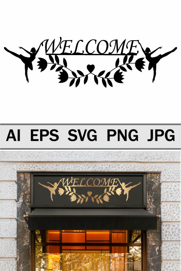 Welcome sign for the entrance door with ballerinas, template