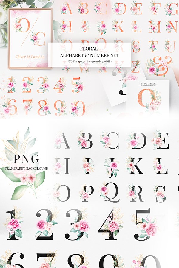 Floral Alphabet & Number Clipart Bundle (555649)