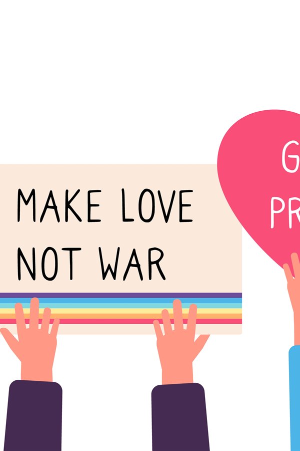 Gay parade placards. Hands holds rainbow flags, hearts and t