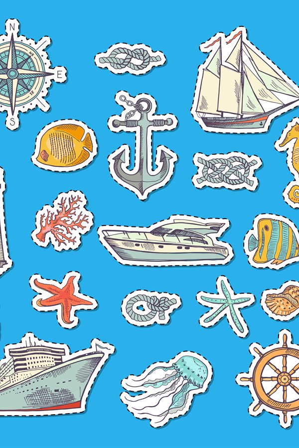 Vector colorful sketched sea elements stickers