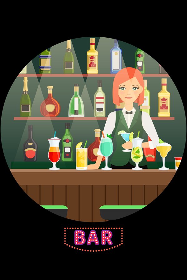 Bar and girl bartender vector round banner