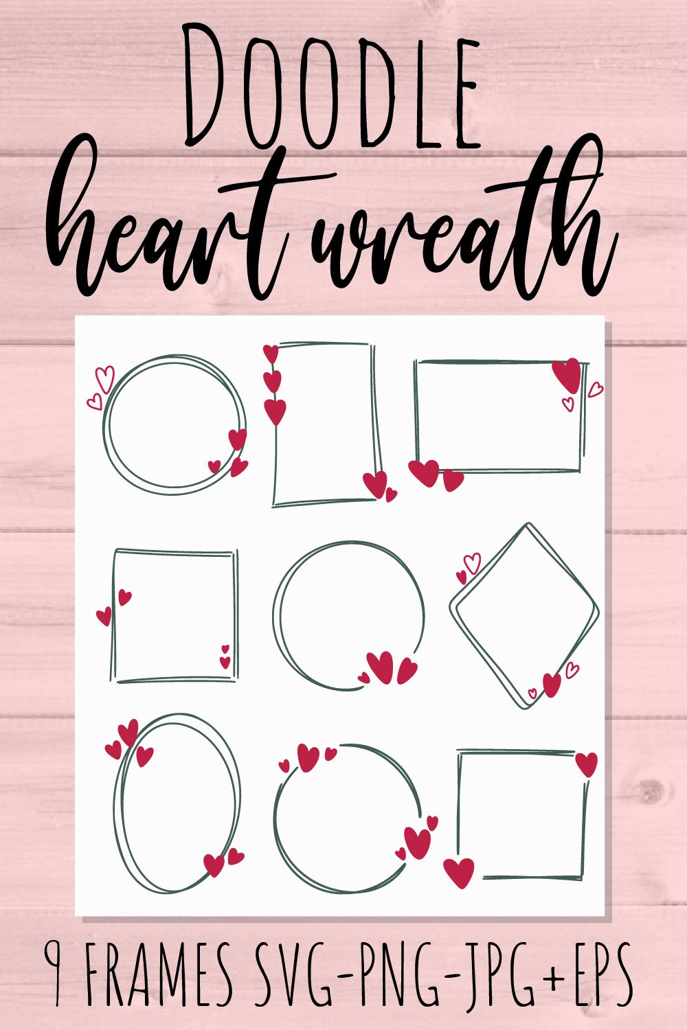 Doodle heart wreath clipart set. Frame PNG/SVG