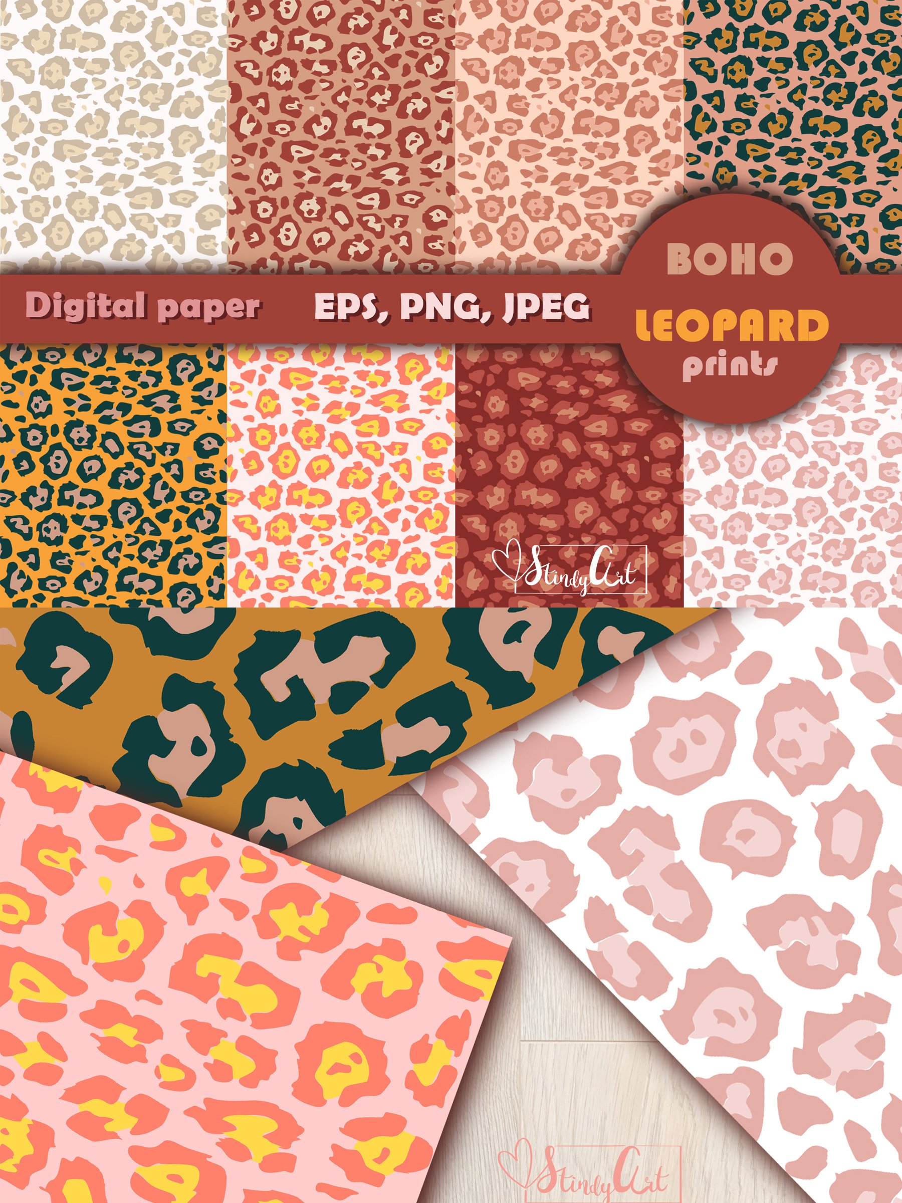 Leopard print digital paper in modern boho colors