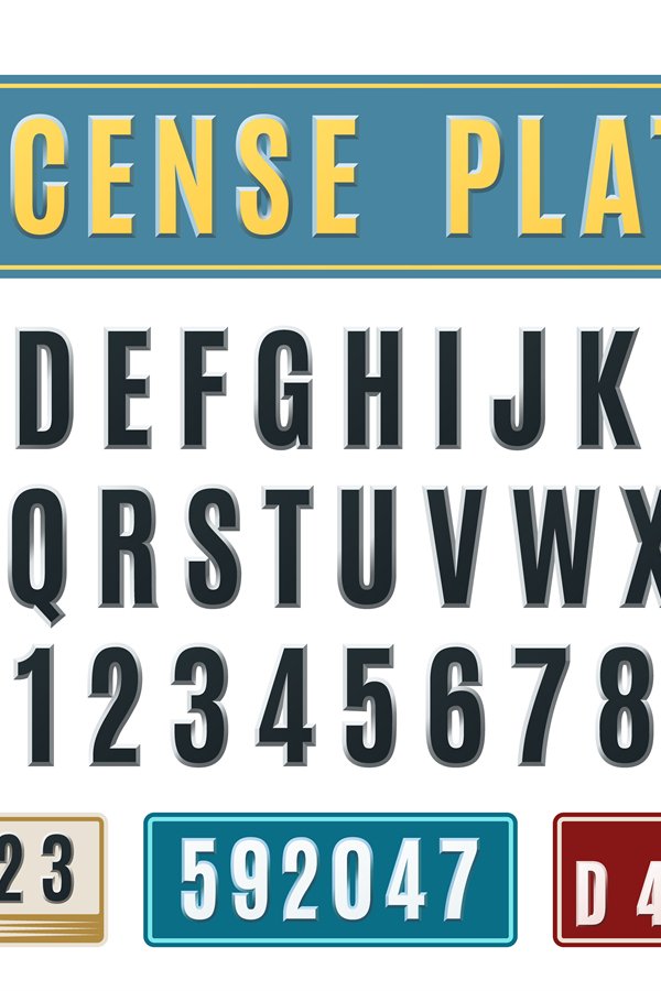 Car plates font. Embossed latin alphabet, aluminum n