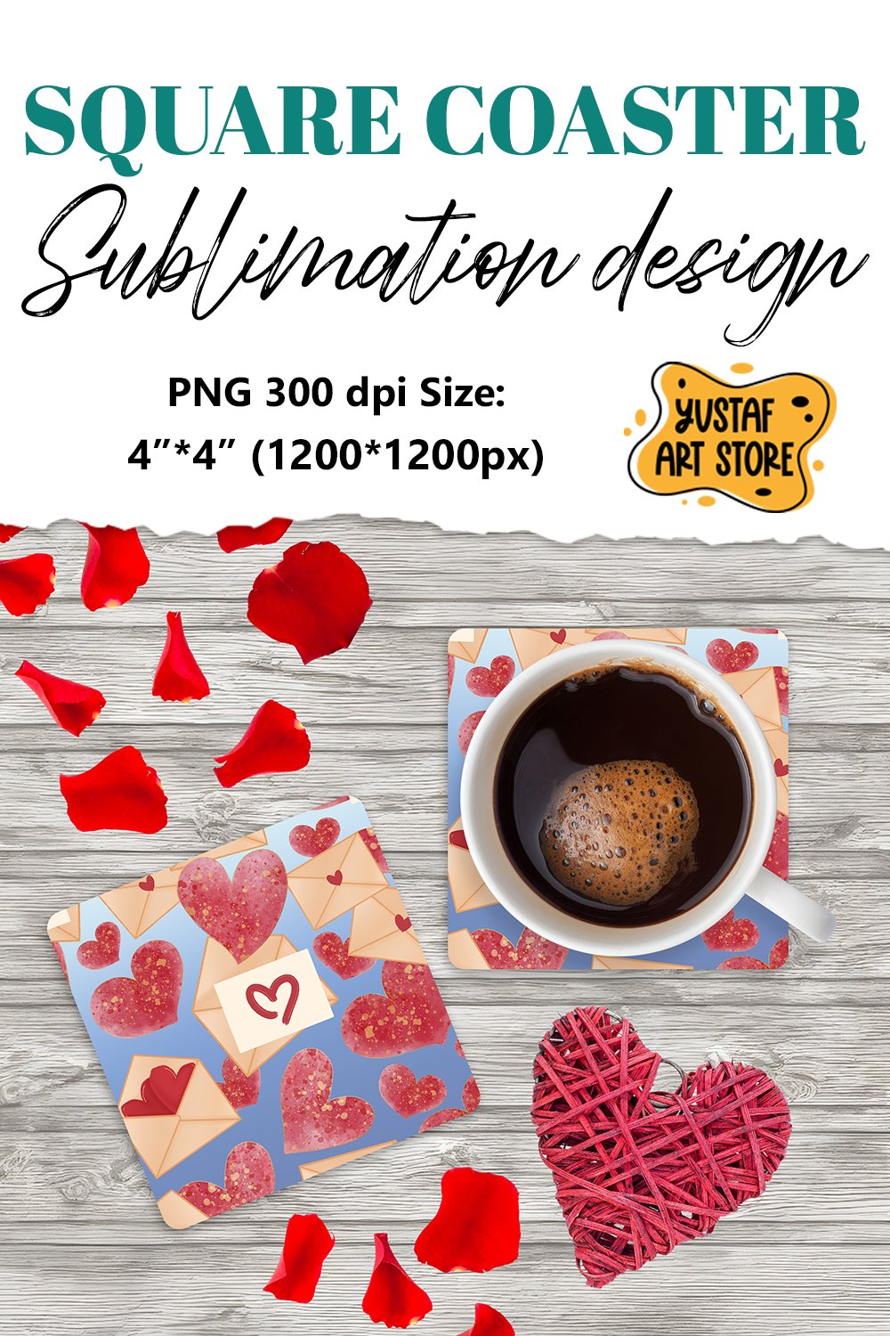 Valentine square coaster design. Envelope heart coaster