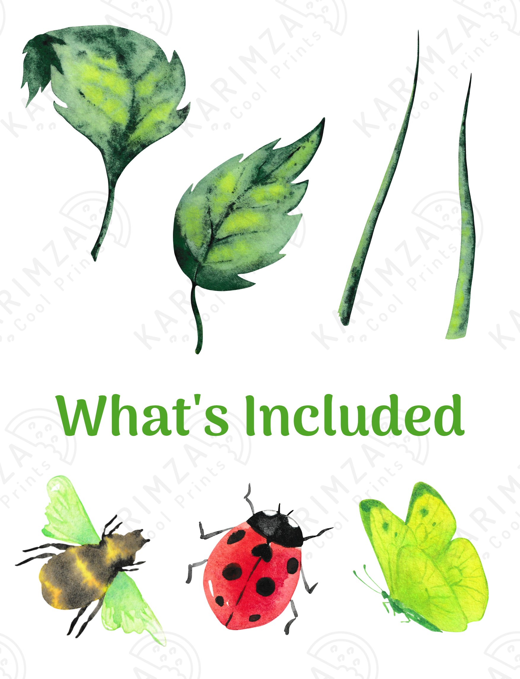 BUG CLIP ART, Watercolor Insects and Greenery Clipart
