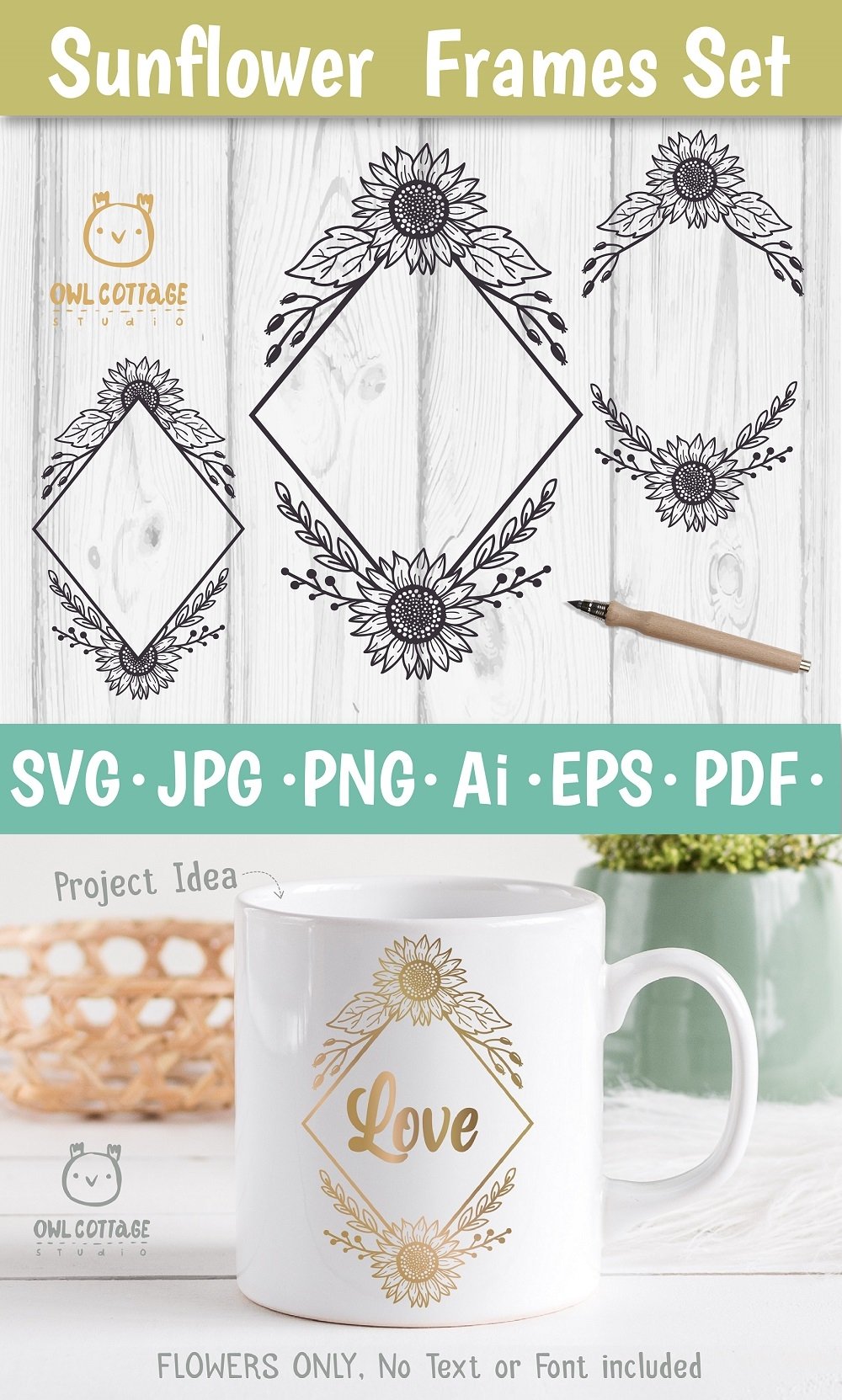 Sunflower Diamond Frame svg, Decorative Floral SVG Corners
