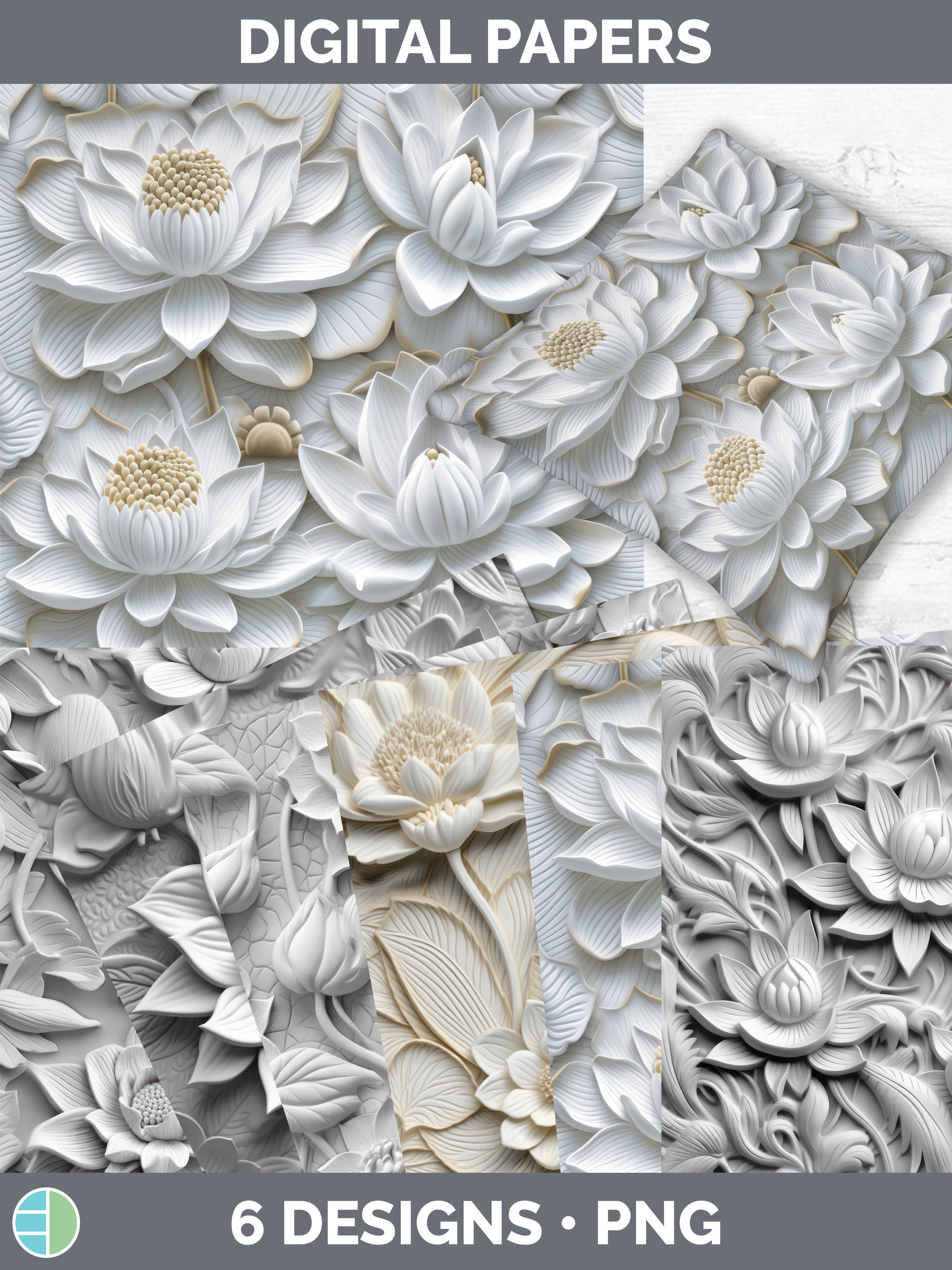 3D White Lotus Flowers Paper Backgrounds | Digital Scrapbook