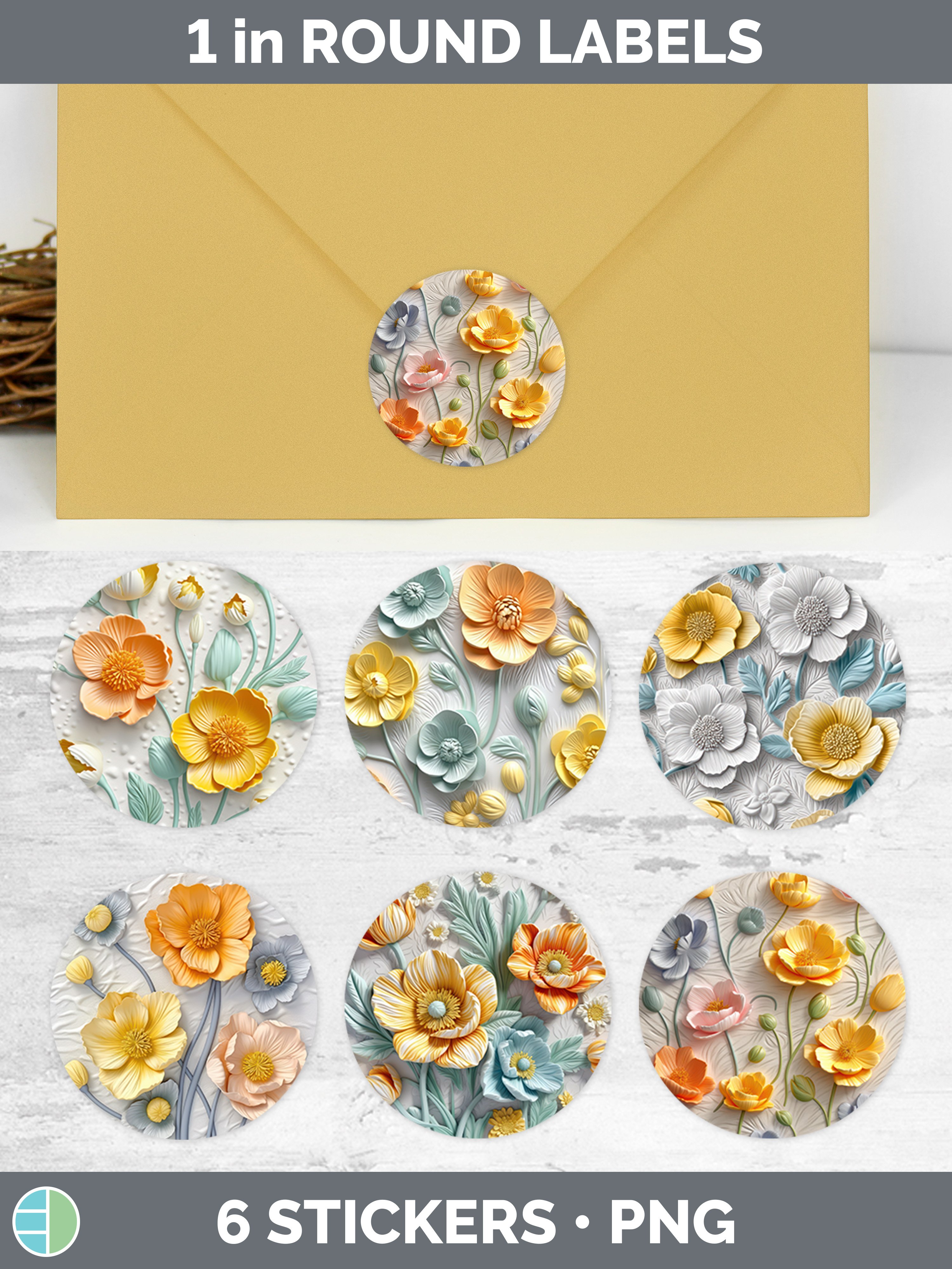 3D Buttercup Flowers Stickers | Round Labels Designs Bundle
