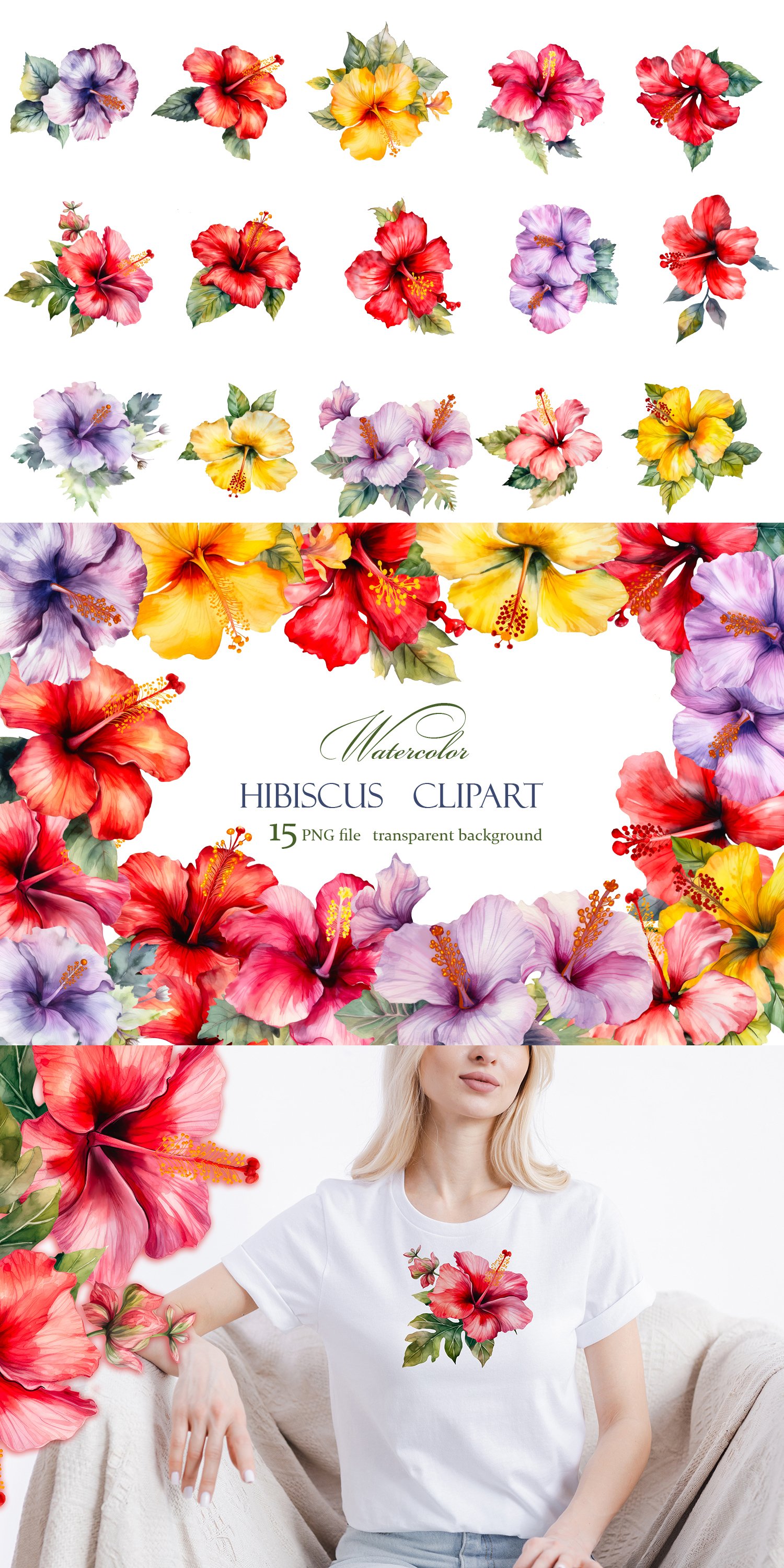 Hibiscus. Watercolor clipart collection