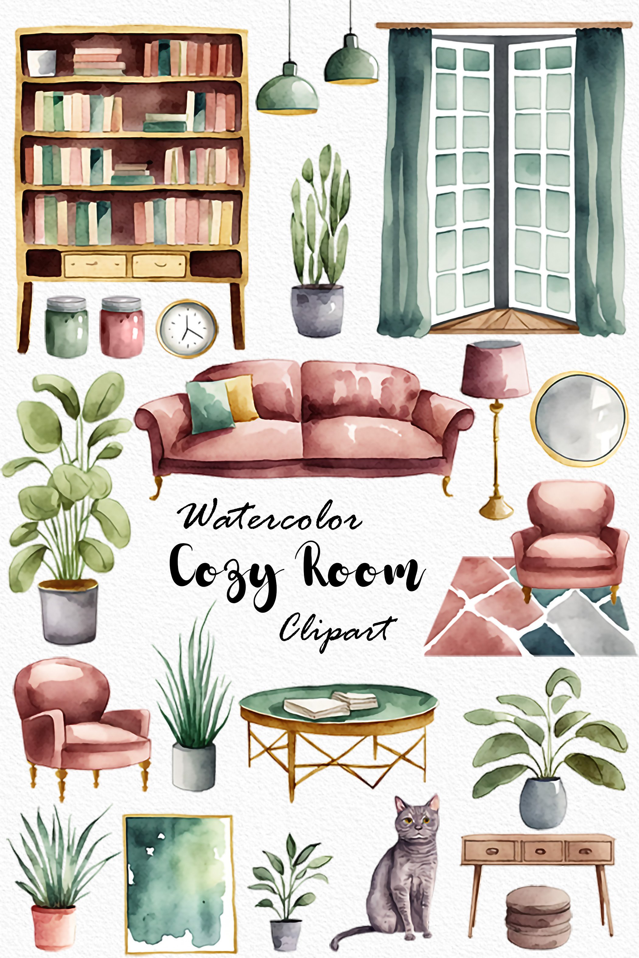 Cozy room furniture watercolor clipart