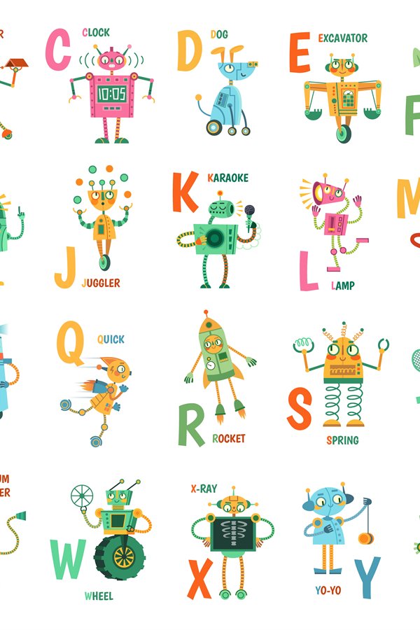 Cartoon robots alphabet. Funny robot characters, ABC letters