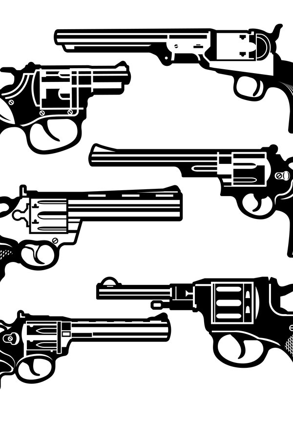 Monochrome illustrations of retro weapons. Revolvers vintage