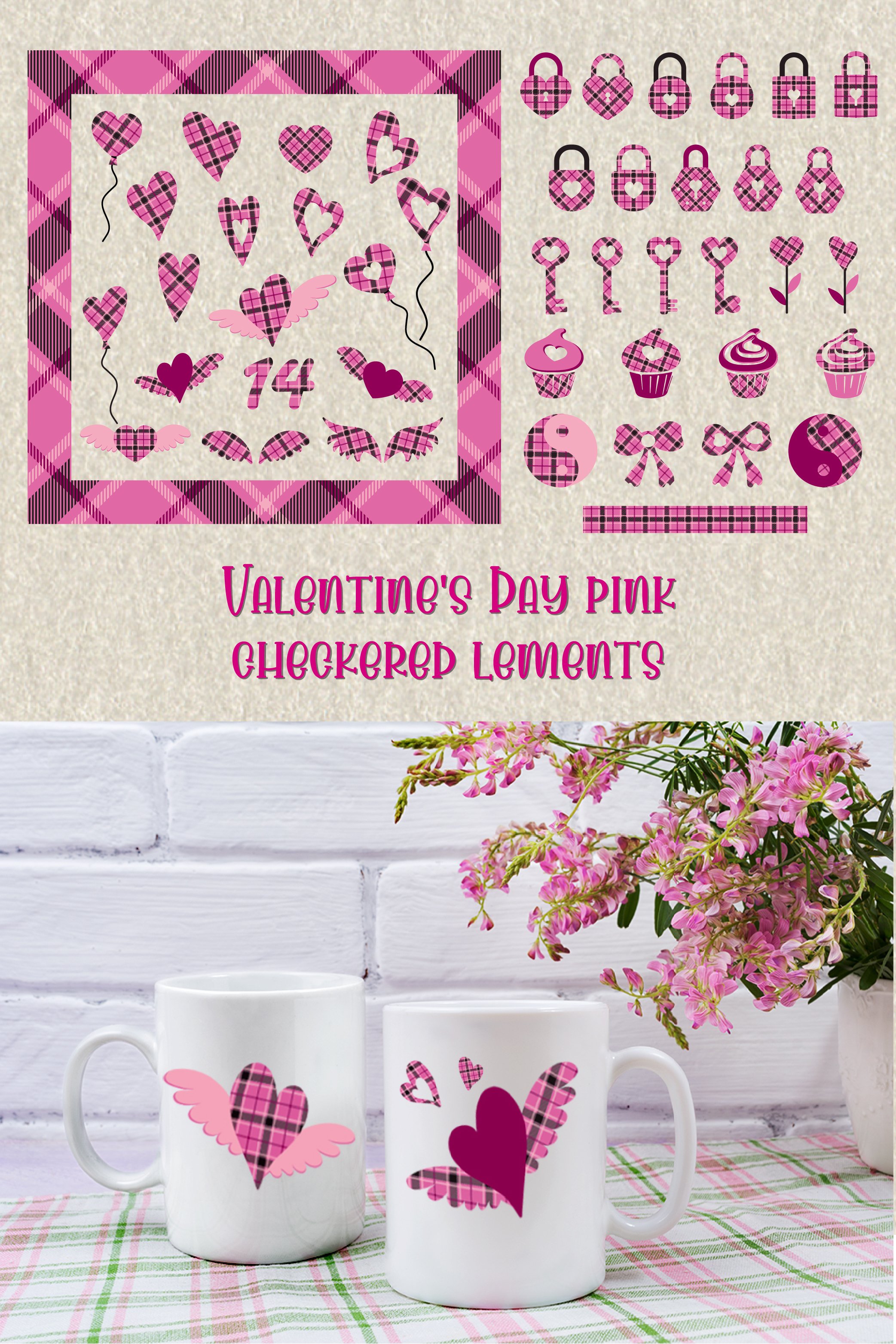 Bundle of pink checkered elements for Valentine's Day.
