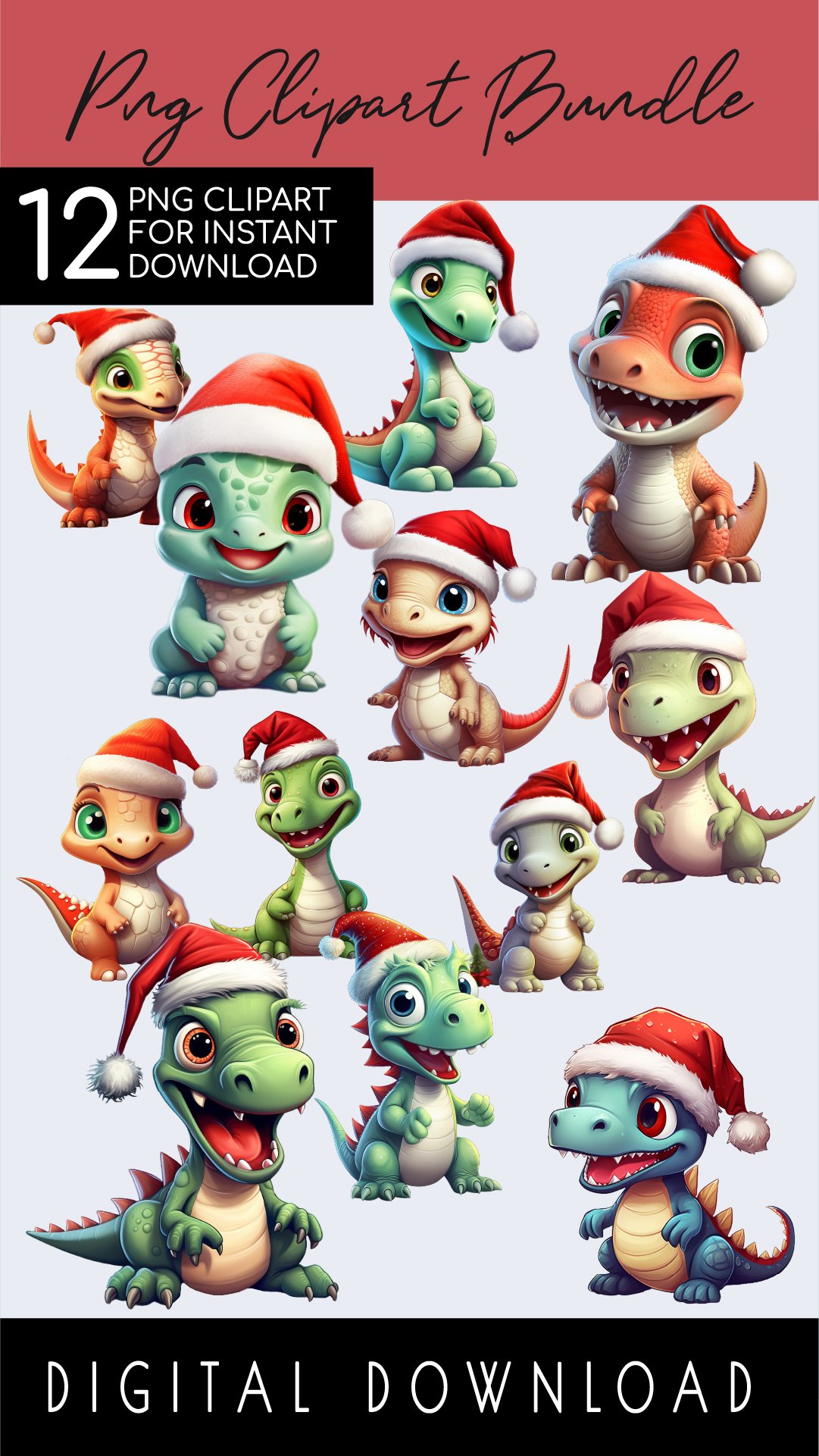 Christmas Dinosaur Clipart Bundle - Dino with Santa Hat