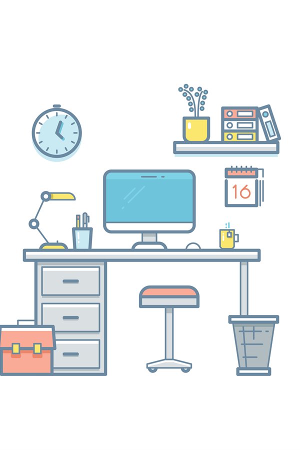 Workspace with computer, vector interior
