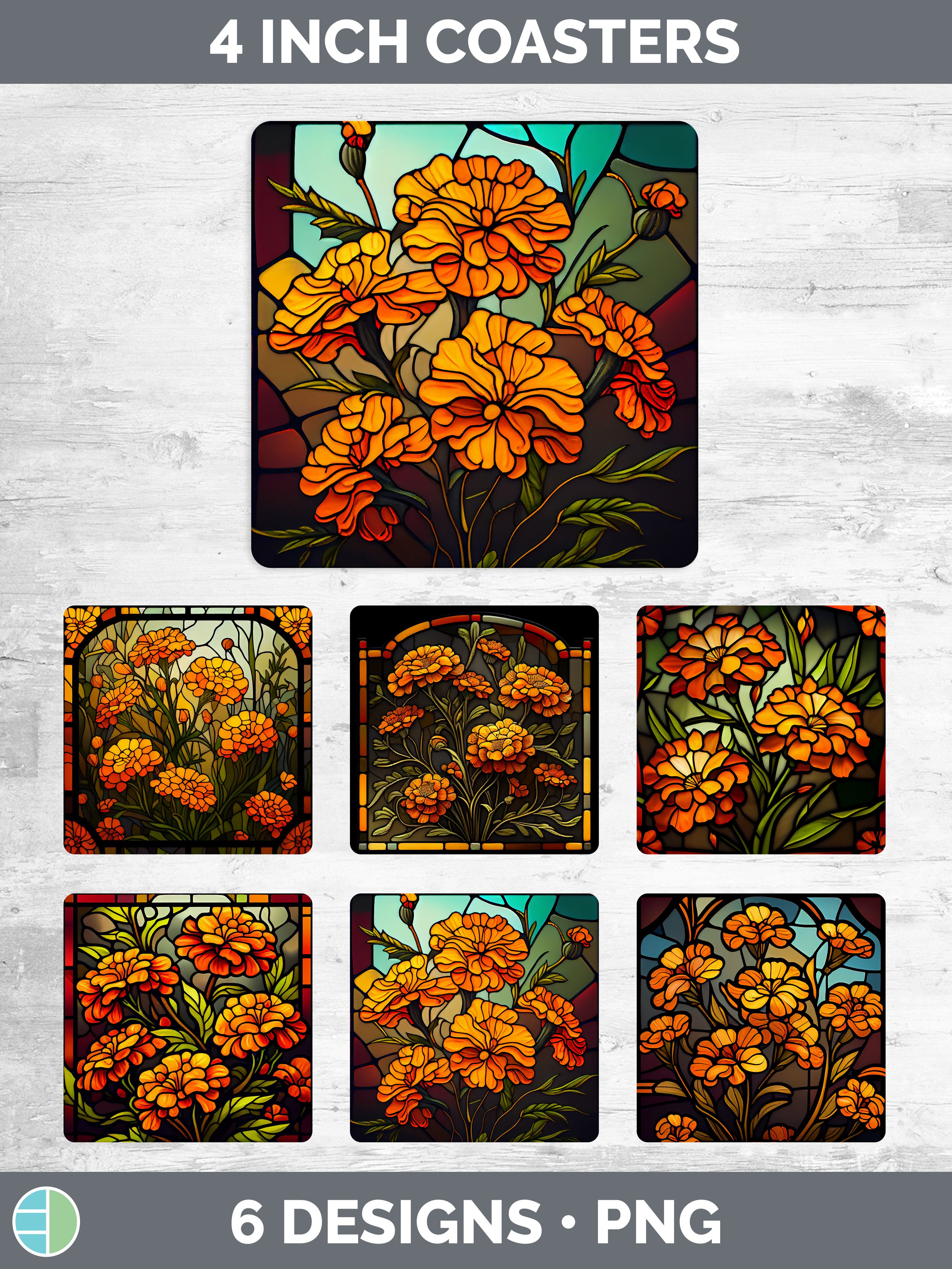 Stained Glass Marigold Flowers Square Coaster | Sublimation