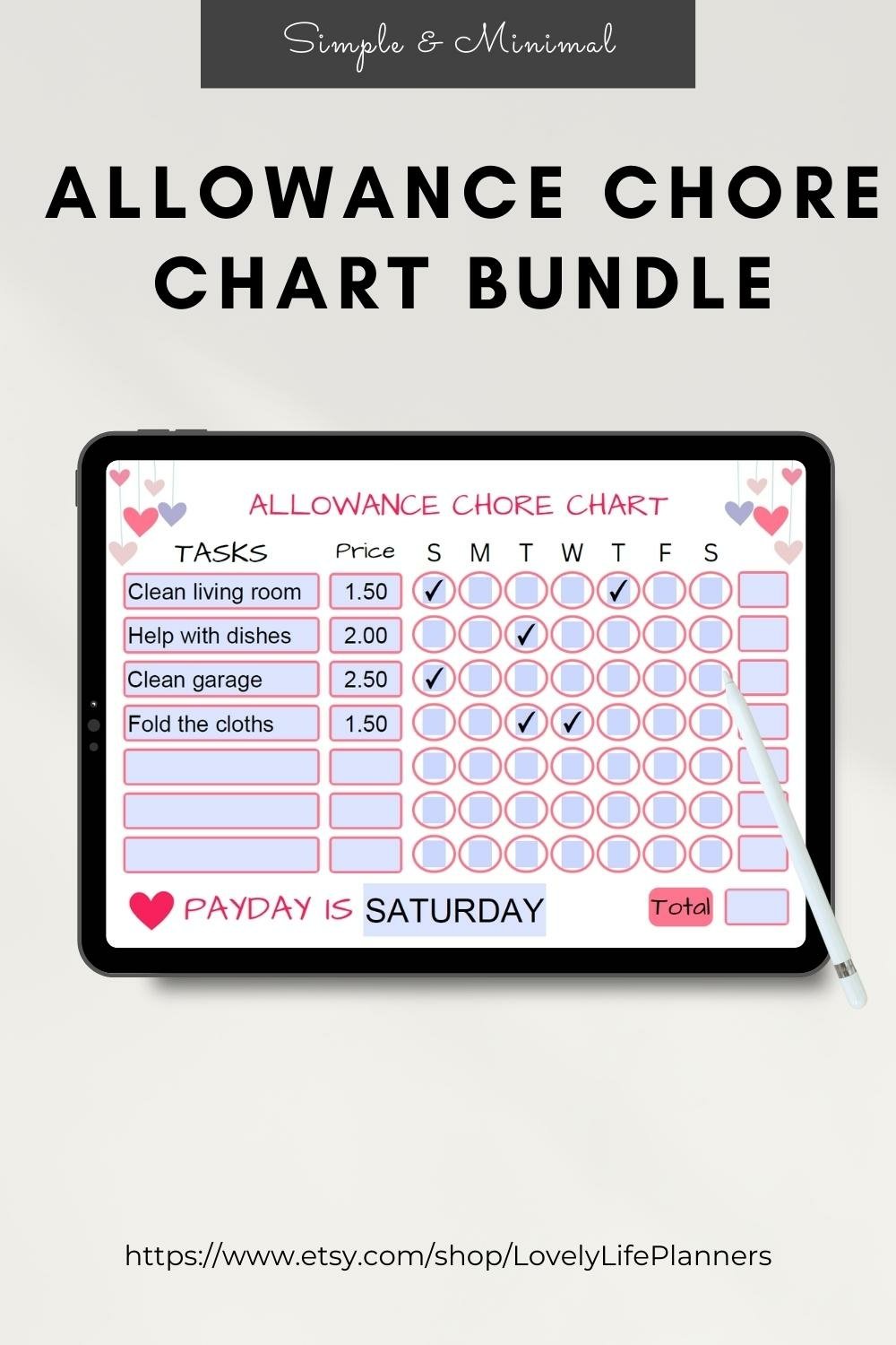 Allowance chore chart editable, 5 colors, A4, Letter, pdf.