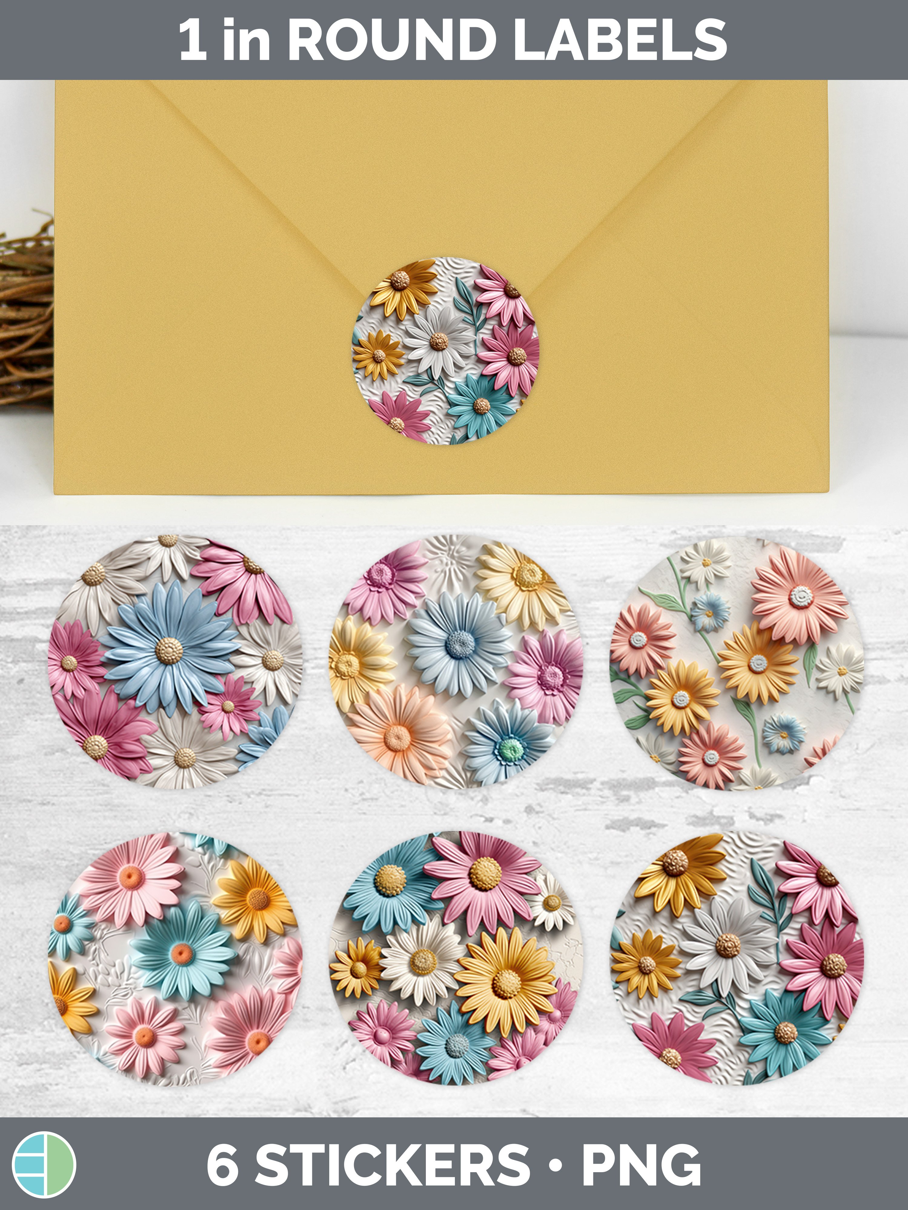 3D Daisy Flowers Stickers | Round Labels Designs Bundle