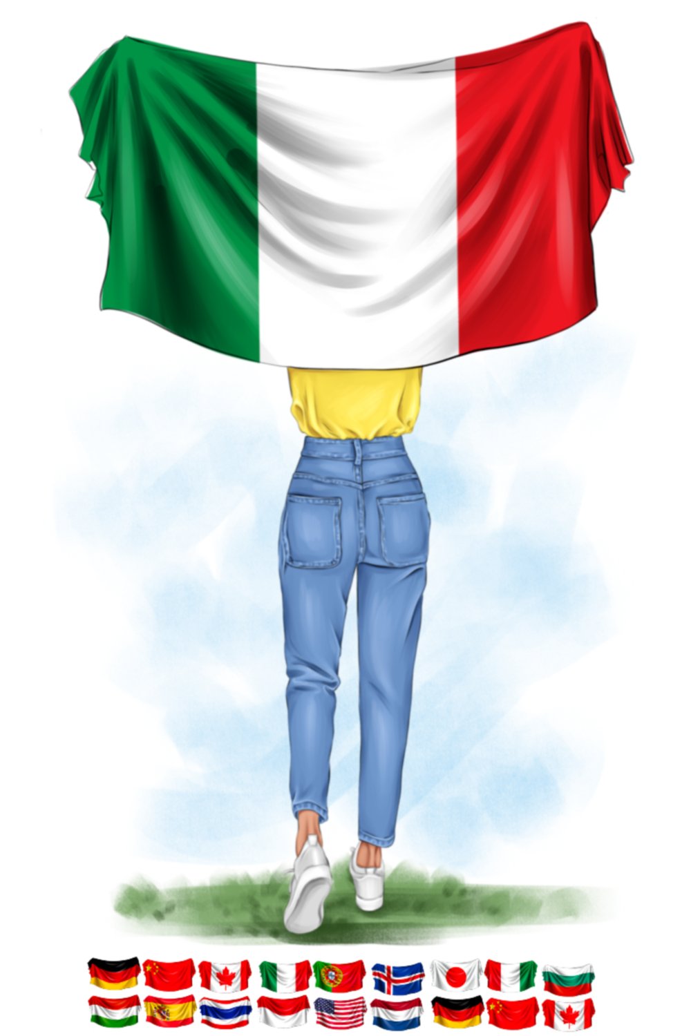 Girl with a flag, patriot, flag day, girl from the back.