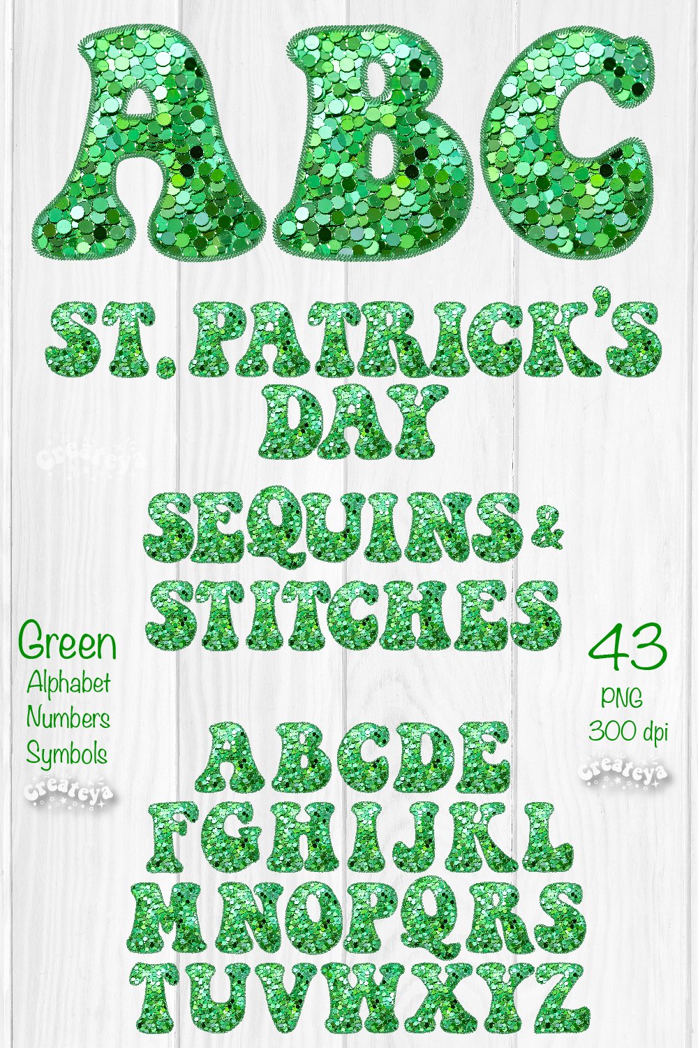 Green St Patrick’s Alphabet PNG Glitter Letters Numbers png