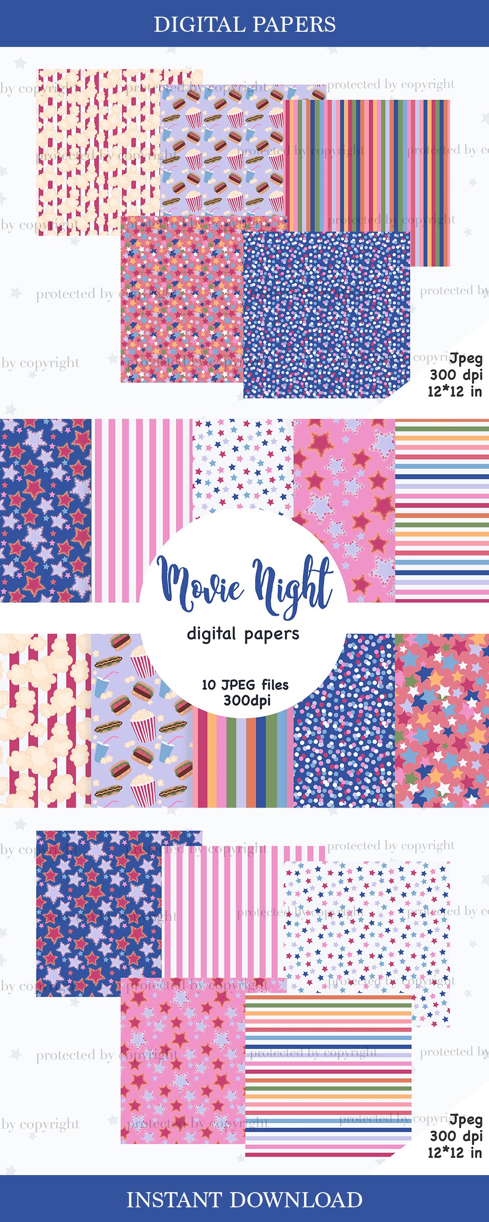 Movie Night Digital Paper | Stars Seamless Pattern
