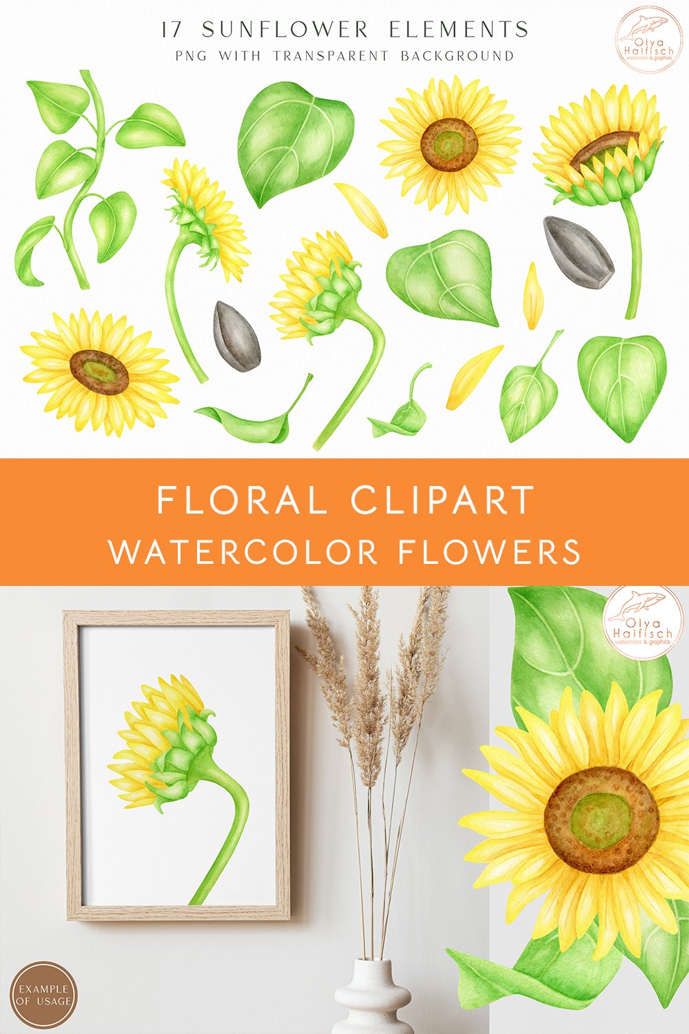 Watercolor Sunflowers Clipart Set. Flowers and Leaves PNG