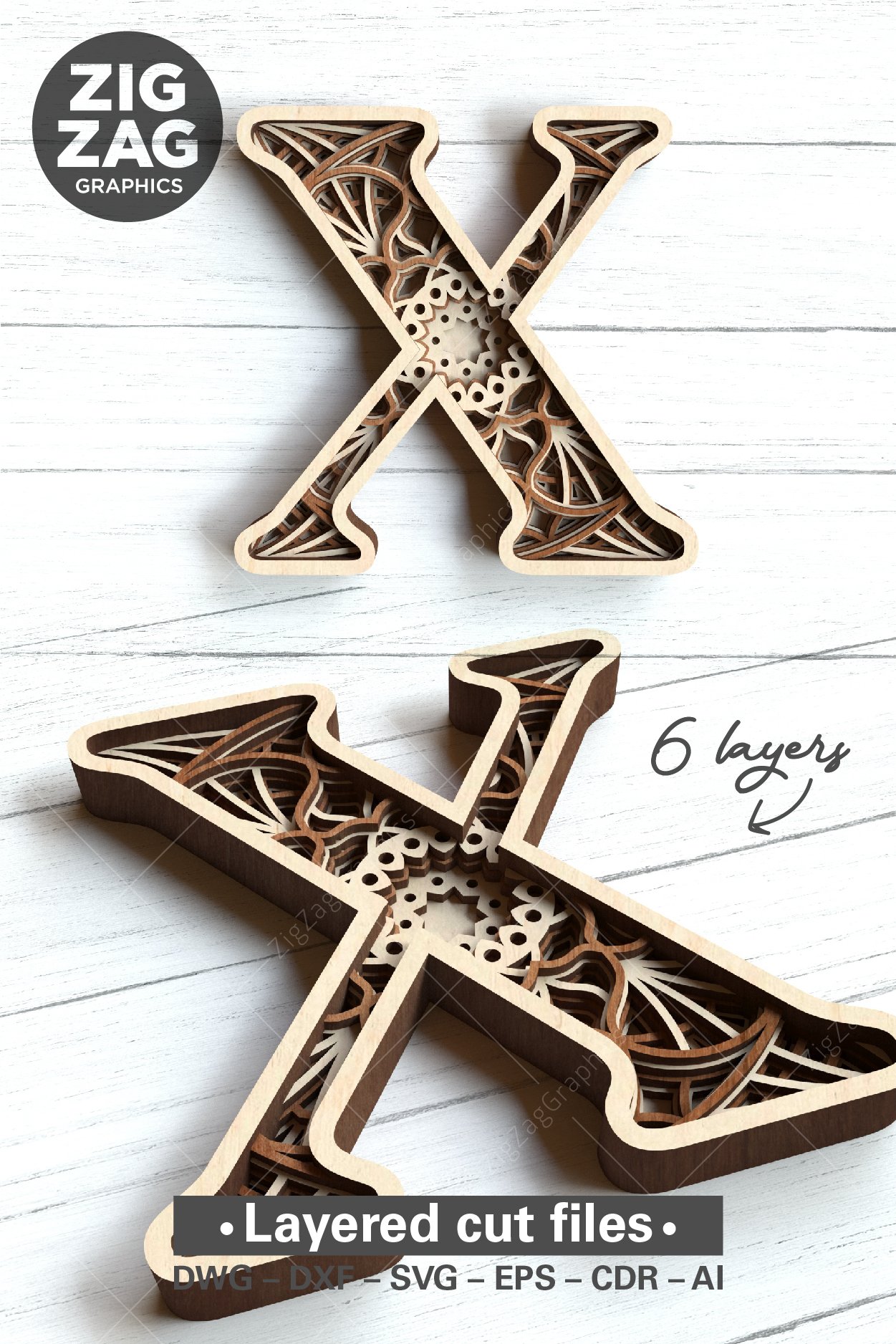 3D Layered mandala letter X svg cut file