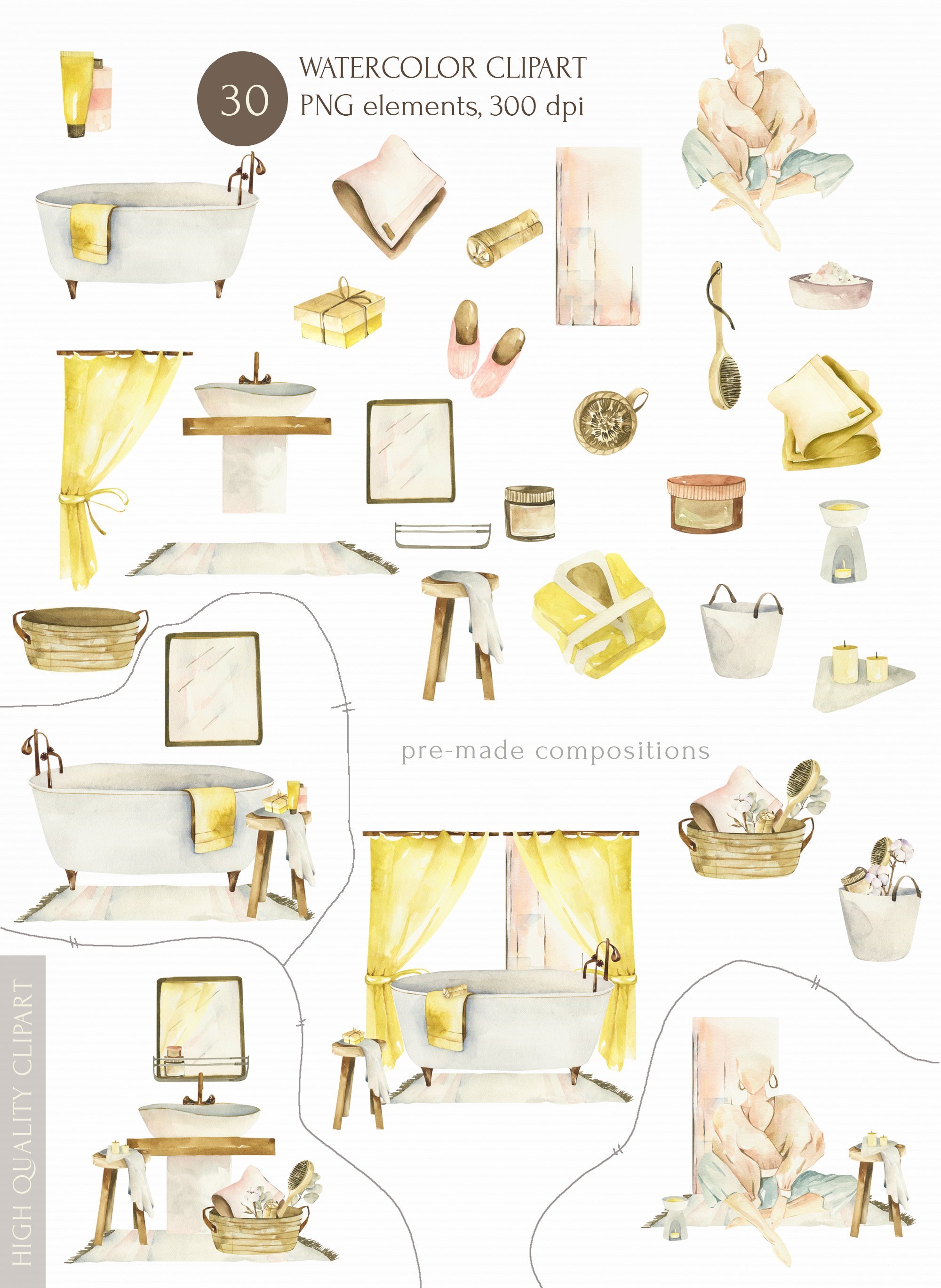 Watercolor Bathroom clipart. Healthcare, relax, beauty.