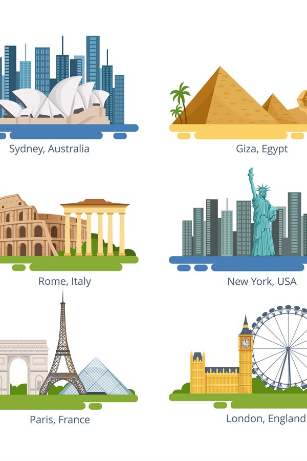 Different city panoramas with famous landmarks. Vector illus