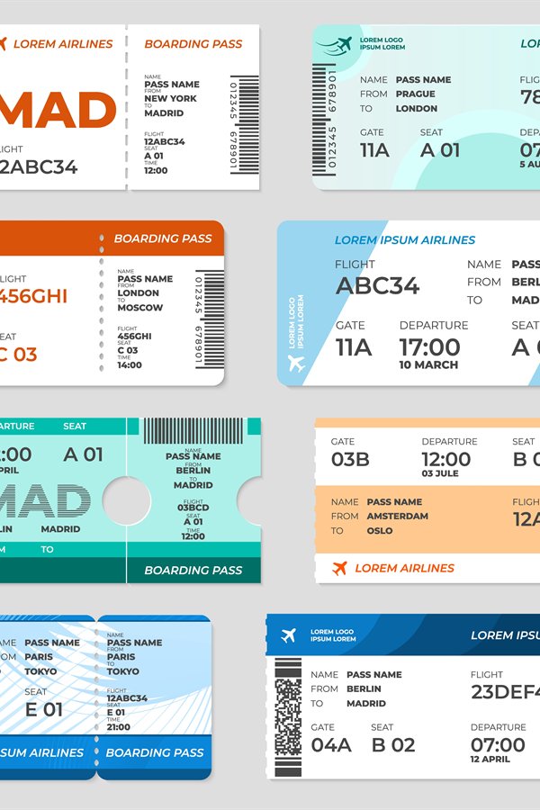 Boarding pass template. Board tickets, airplane travel fligh