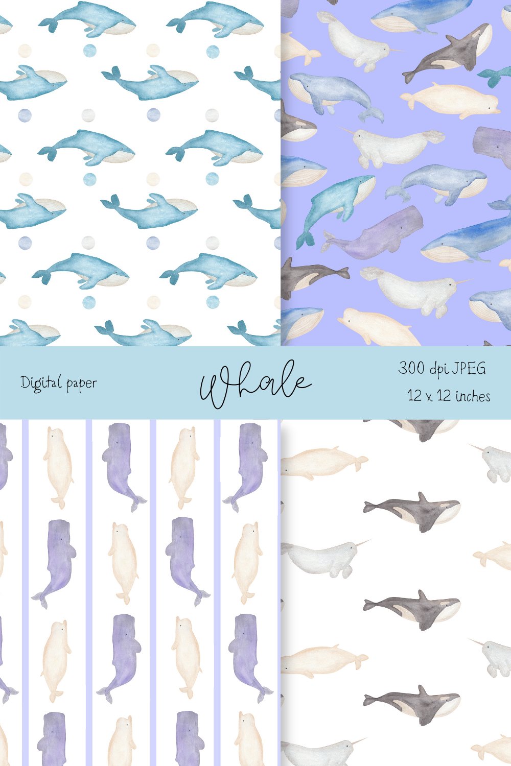 Watercolor whale digital paper, sea nautical pattern