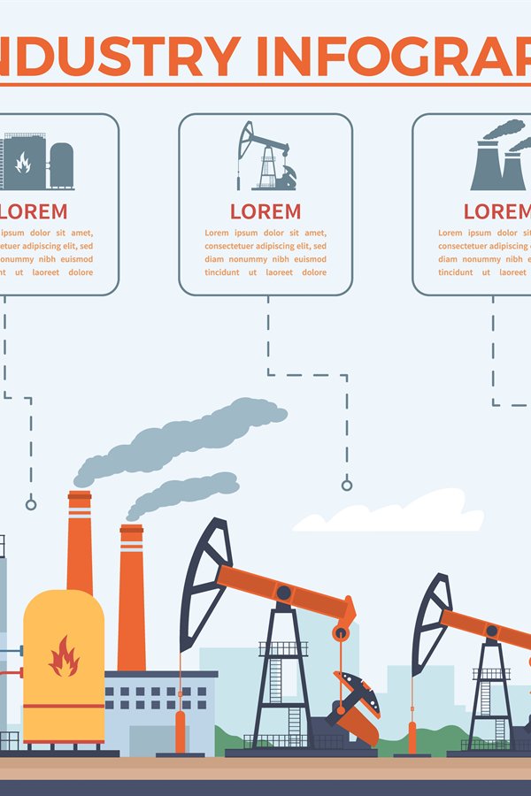 Oil industry infographic. Petrochemical factory. Extraction,