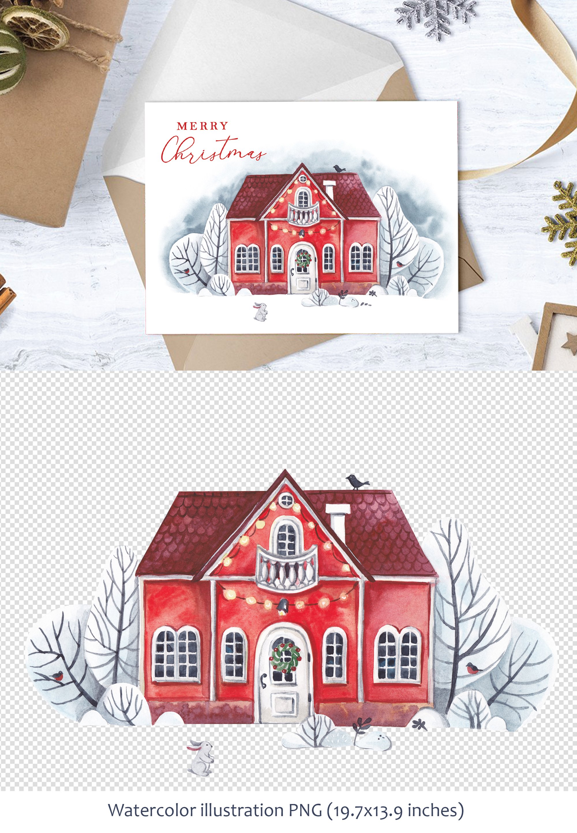 Watercolor Christmas hous sublimation clipart, PNG (2147645)