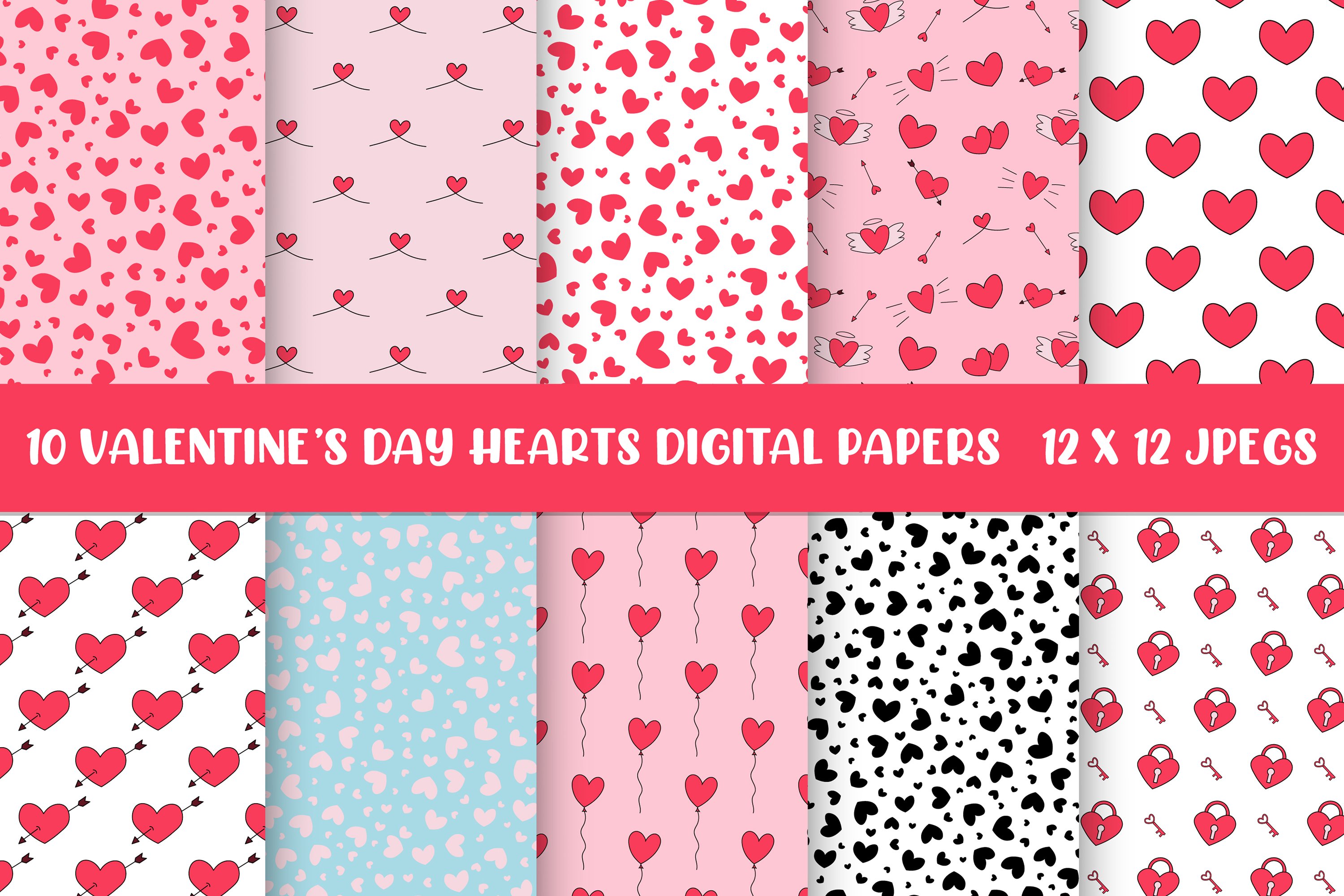 Valentine's Day Digital Papers, Heart Patterns, Love Pattern