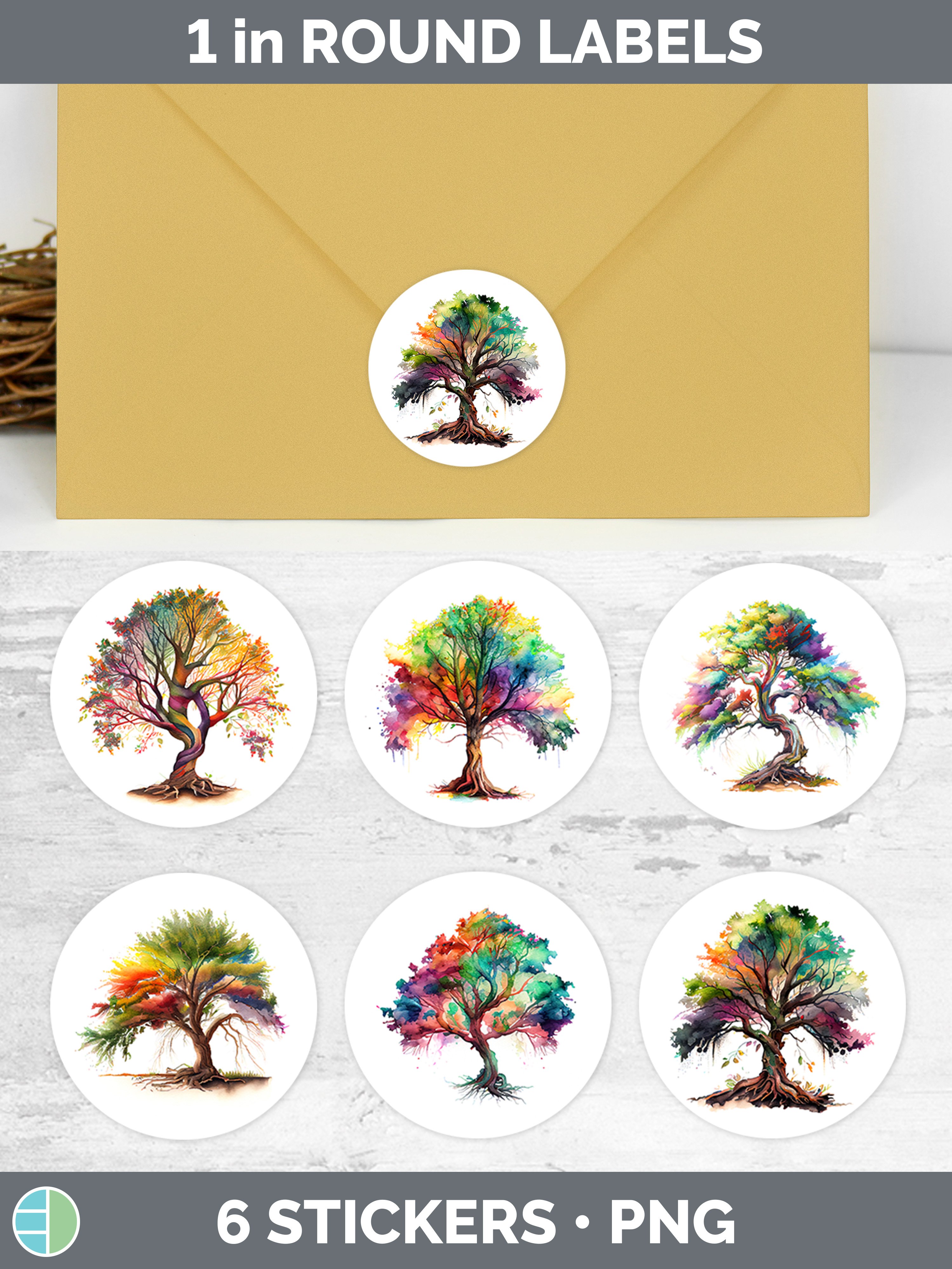 Rainbow Elm Trees Stickers | Round Labels Designs Bundle