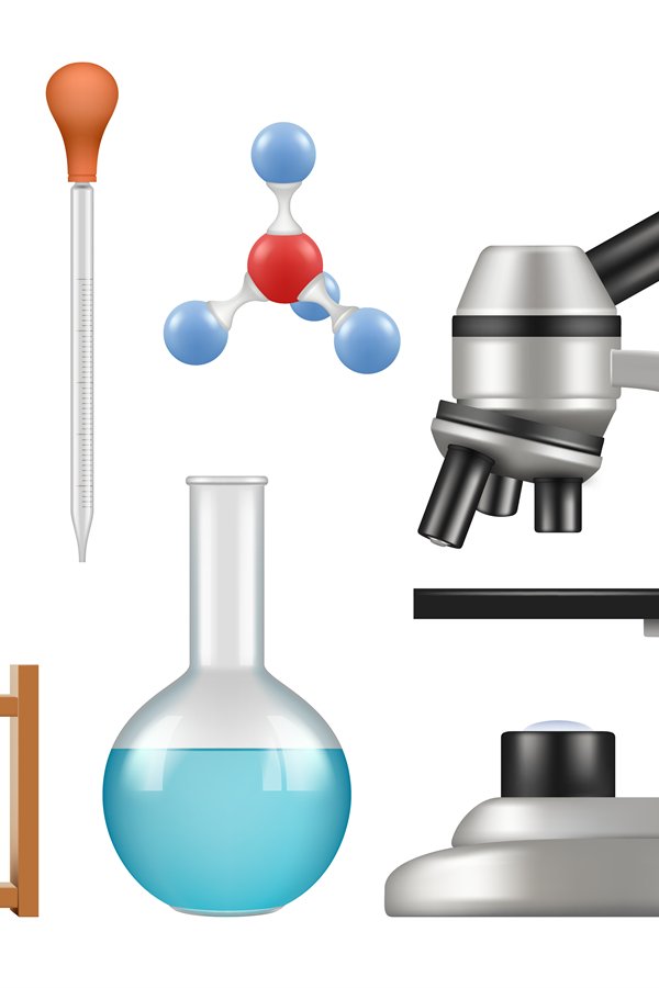 Chemical lab items. Science laboratory collection bottles mi