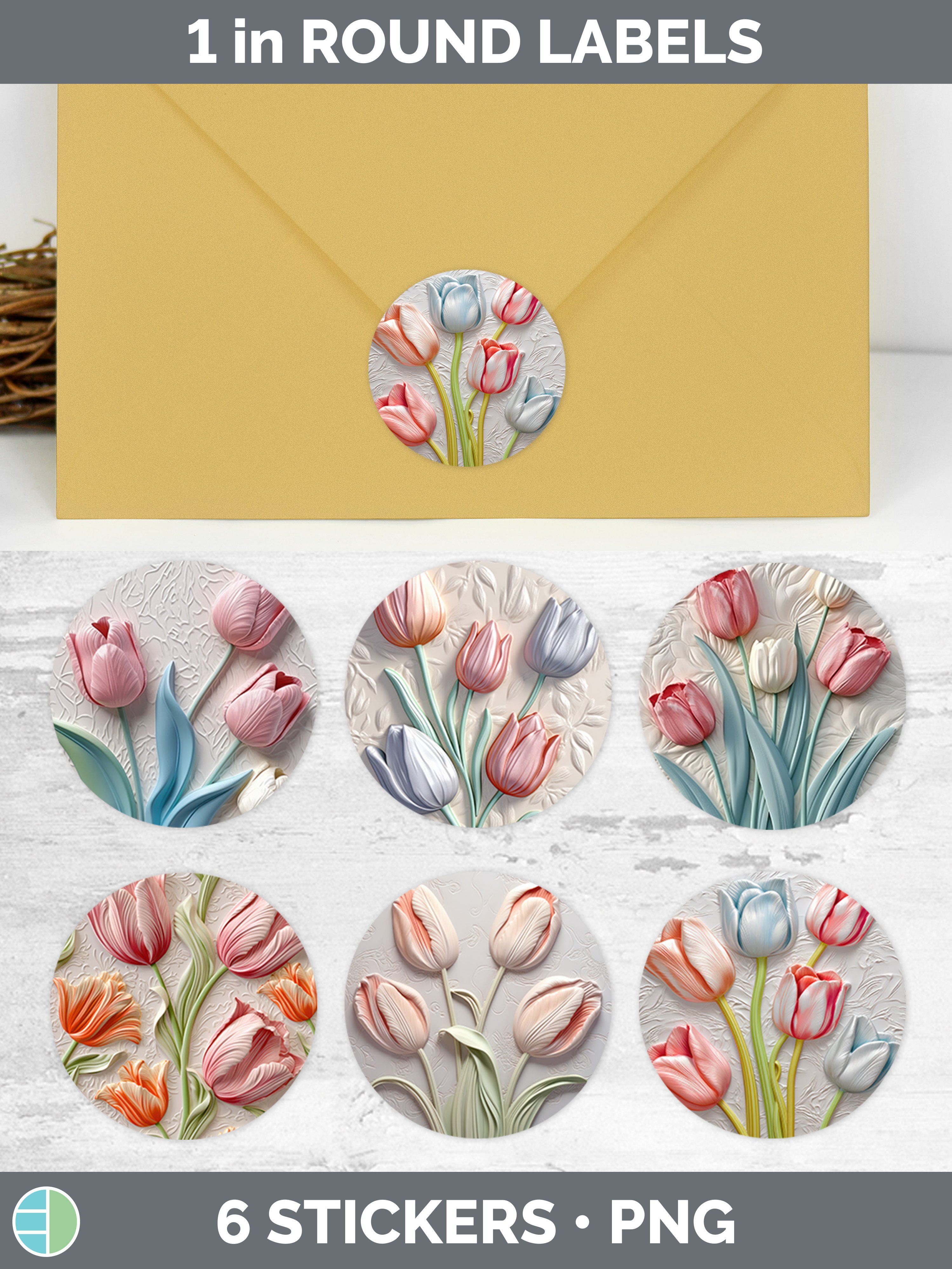 3D Tulip Flowers Stickers | Round Labels Designs Bundle