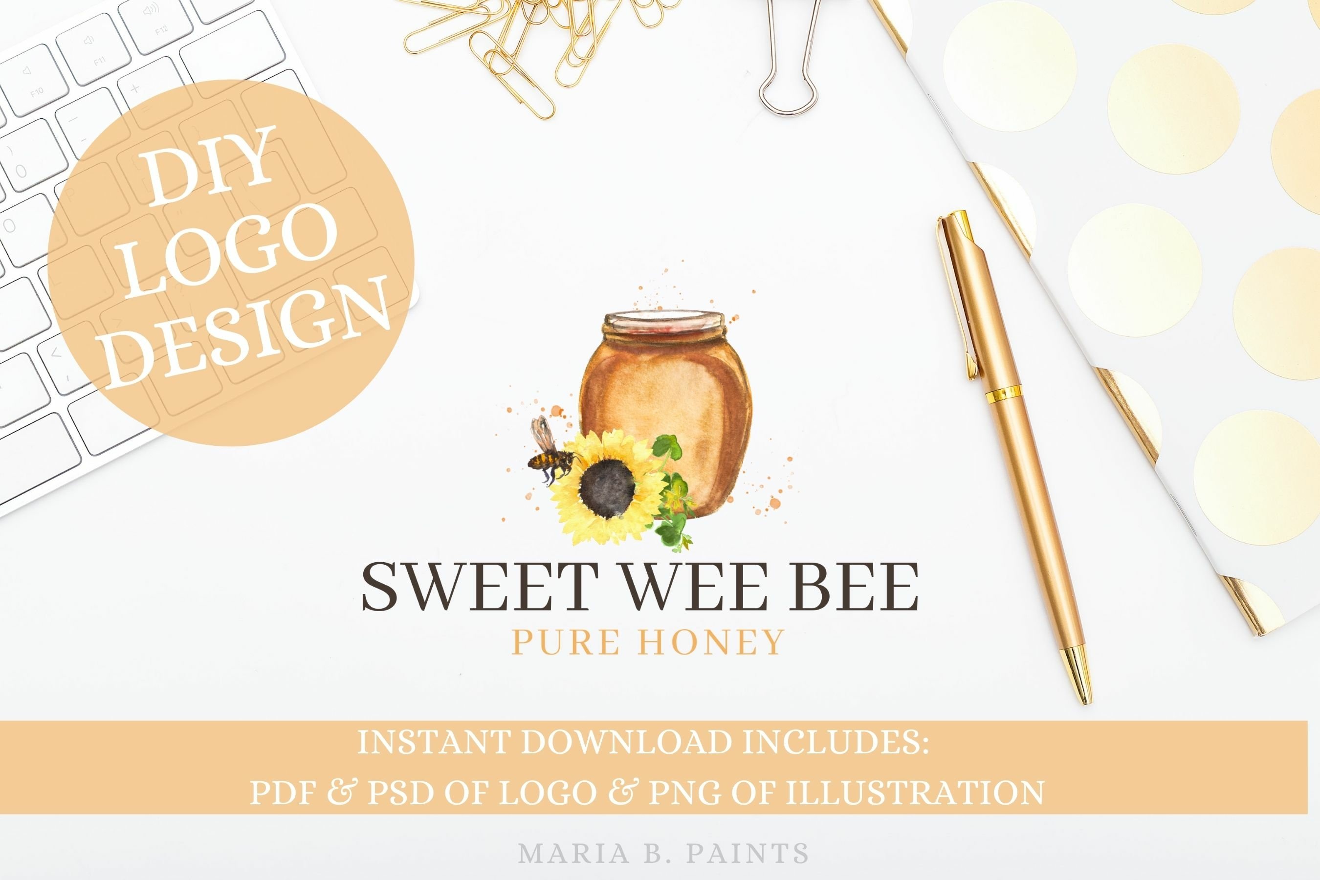 Sweet Honey Bee Logo Watercolor Small Maker Business