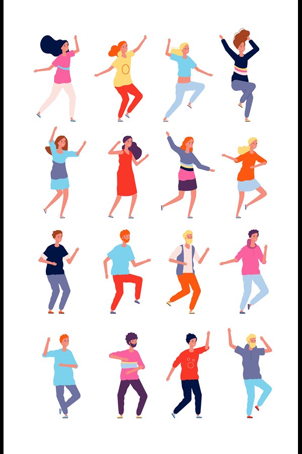 Dancing characters. Young persons in action poses at funny p